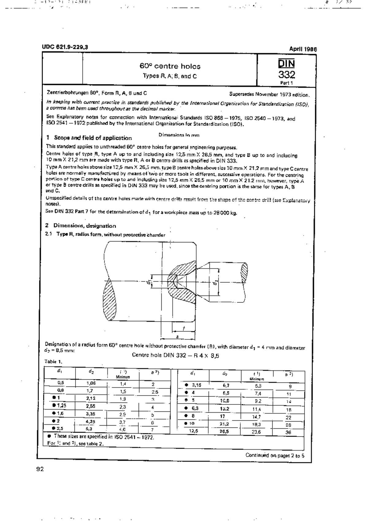 DIN 332-1-86: Centre Holes Types R, A, B, and C Standards - Studocu