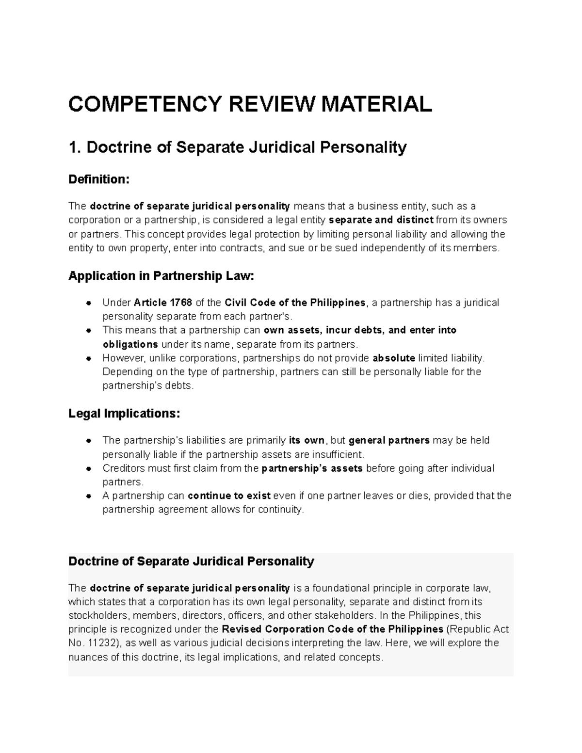 COMP 101: Competency Review on Separate Juridical Personality in Law ...