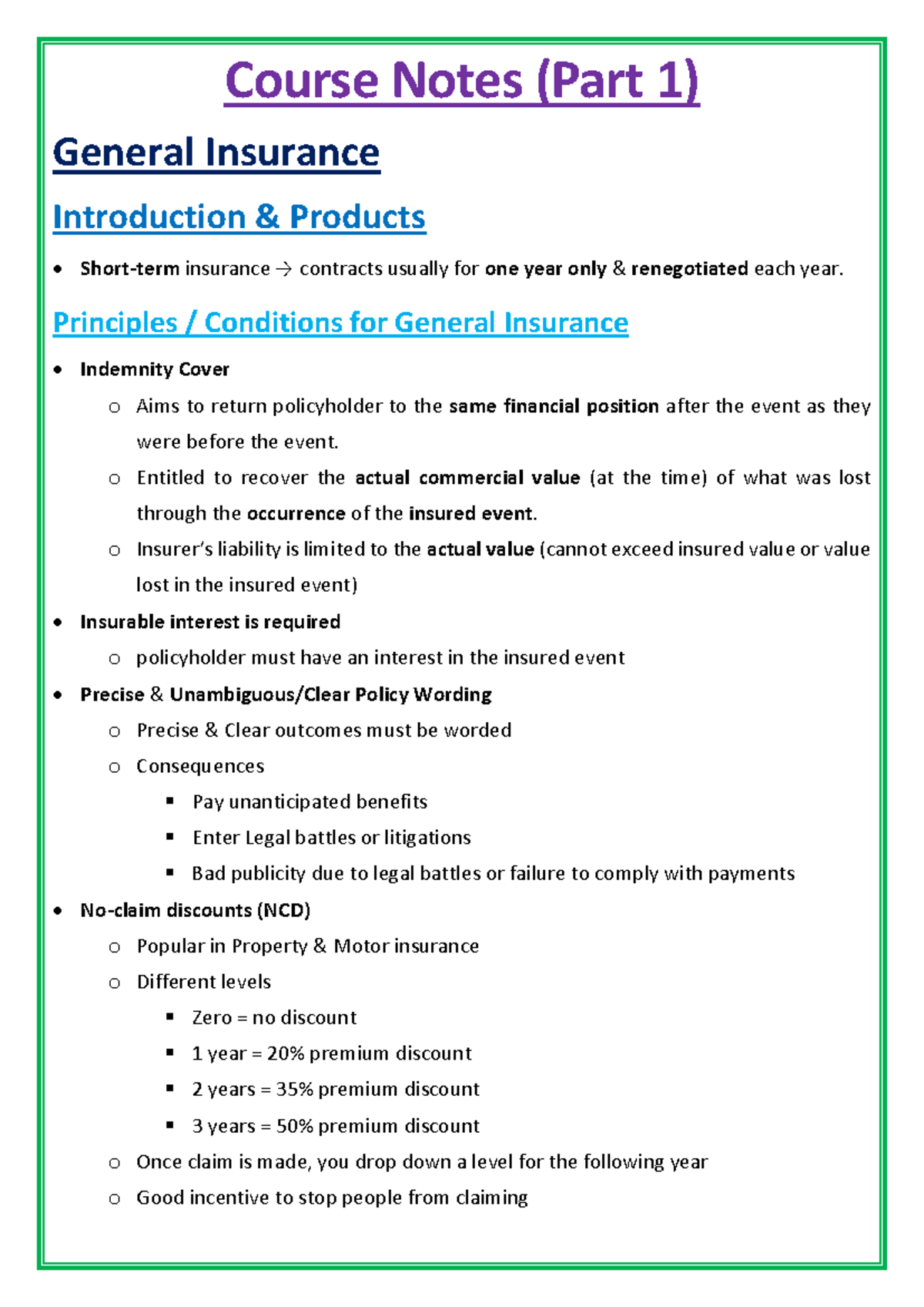 5. General Insurance - Summaries - Course Notes (Part 1) General ...