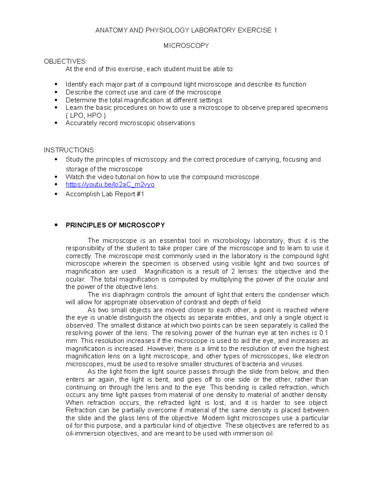 LAB Exercise 1 Microscopy - ANATOMY AND PHYSIOLOGY LABORATORY EXERCISE ...