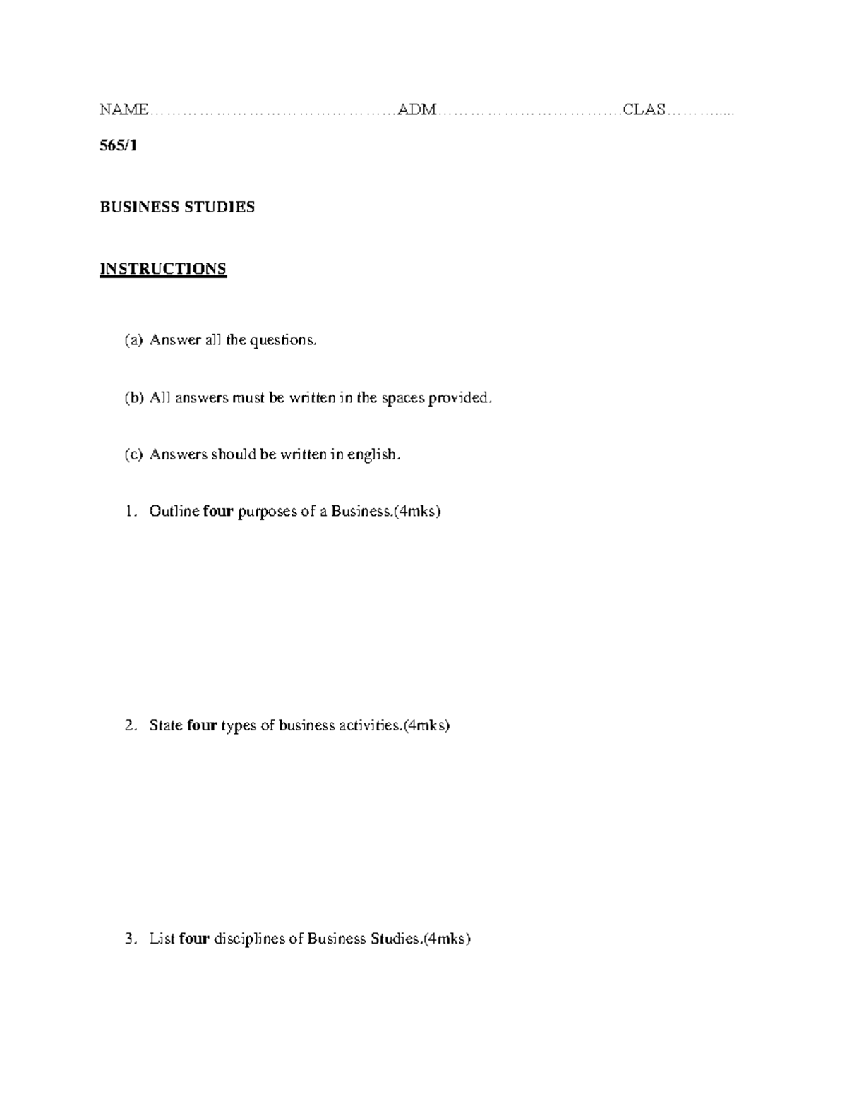 Business Studies: Comprehensive Guide to Form 1 Topics - Studocu