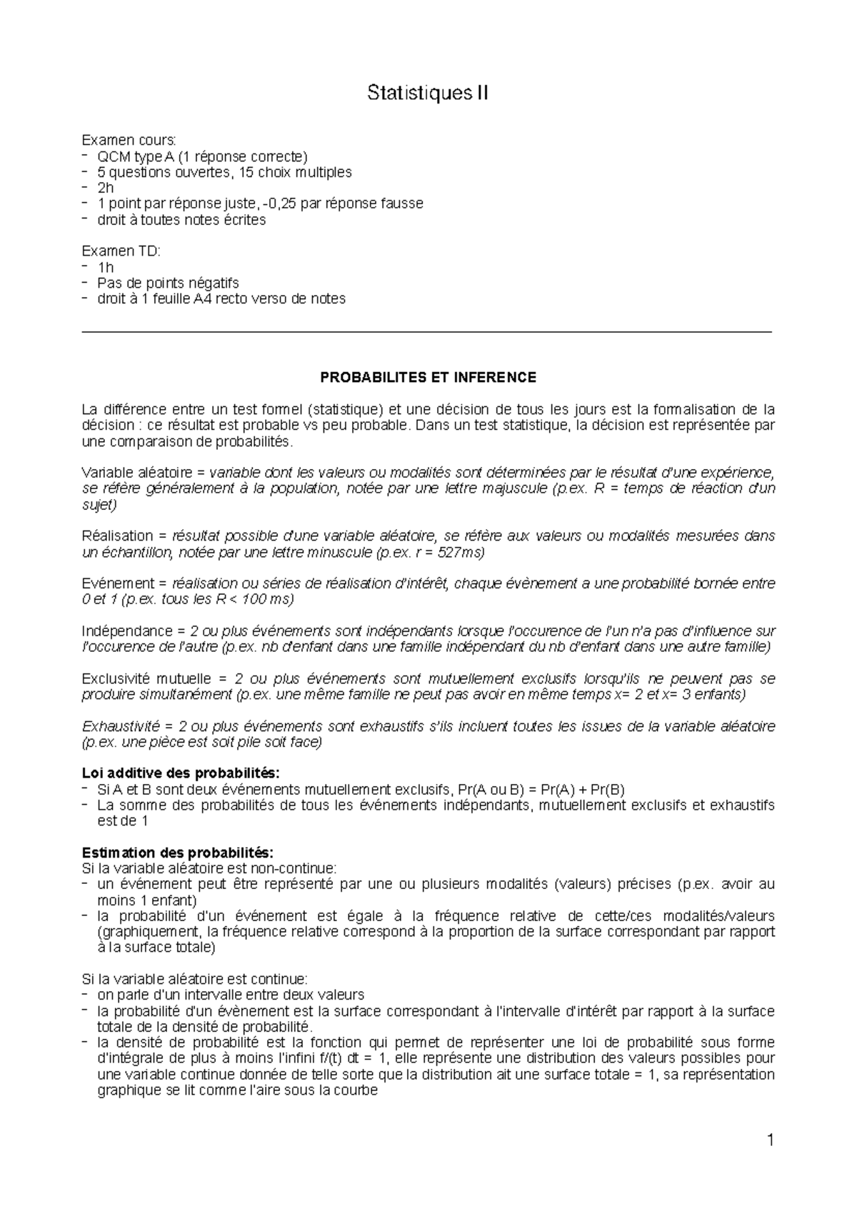 Statistiques II - Notes d'Examen et Concepts Clés en Statistiques - Studocu