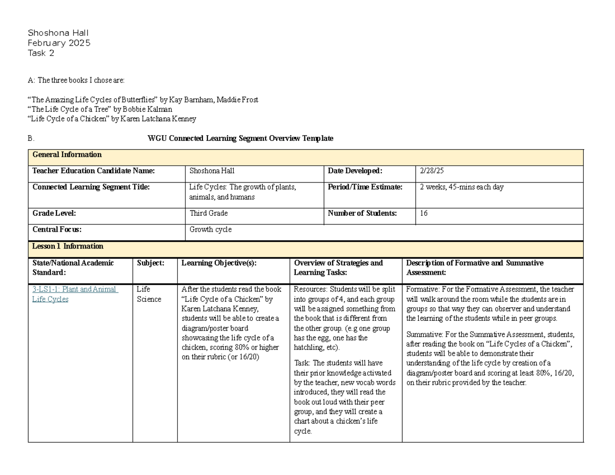 WGU Task 2: Life Cycles in Children's Literacy - Shoshona Hall - Studocu