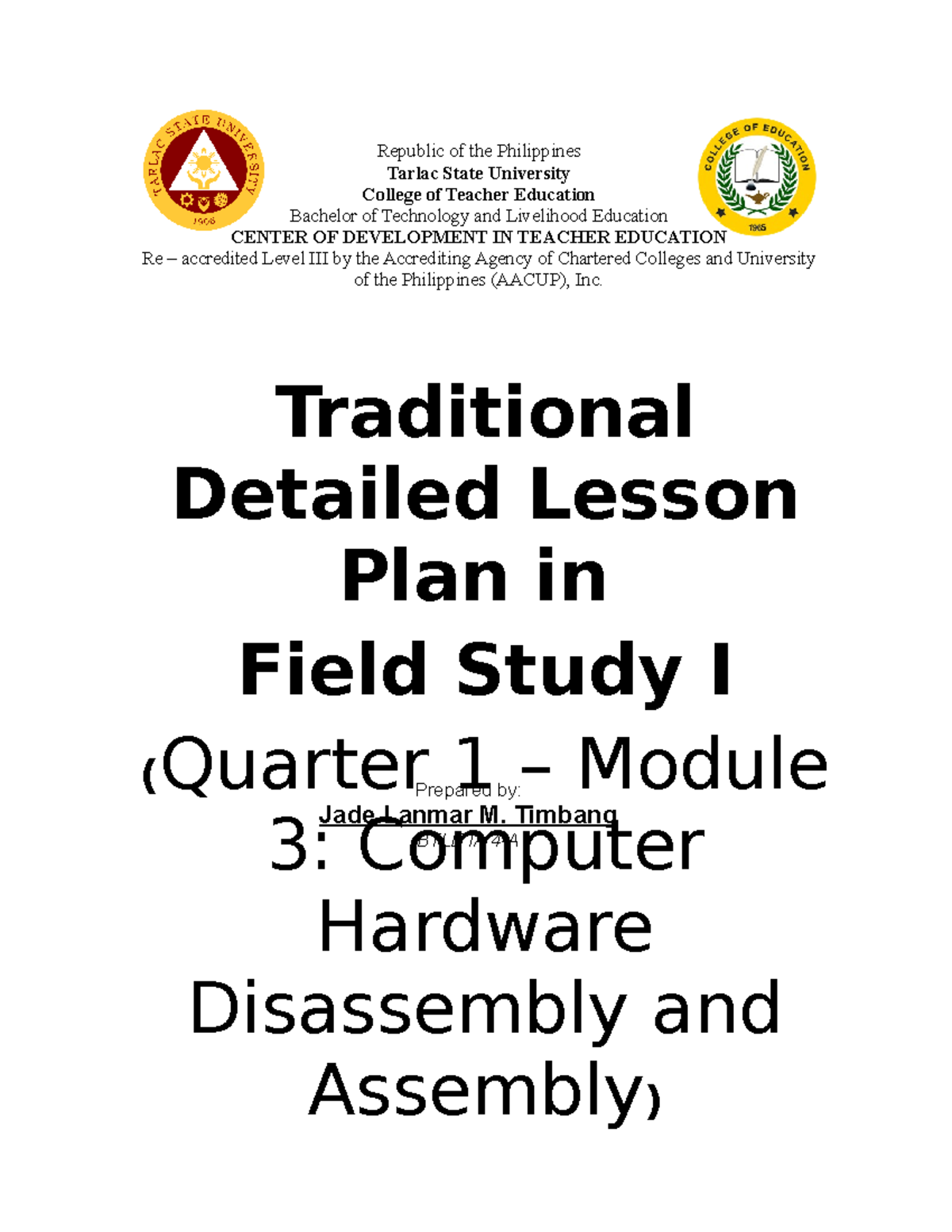 Computer- Asssemly-AND- Disassembly- Lesson PLAN- Timbang - Traditional ...