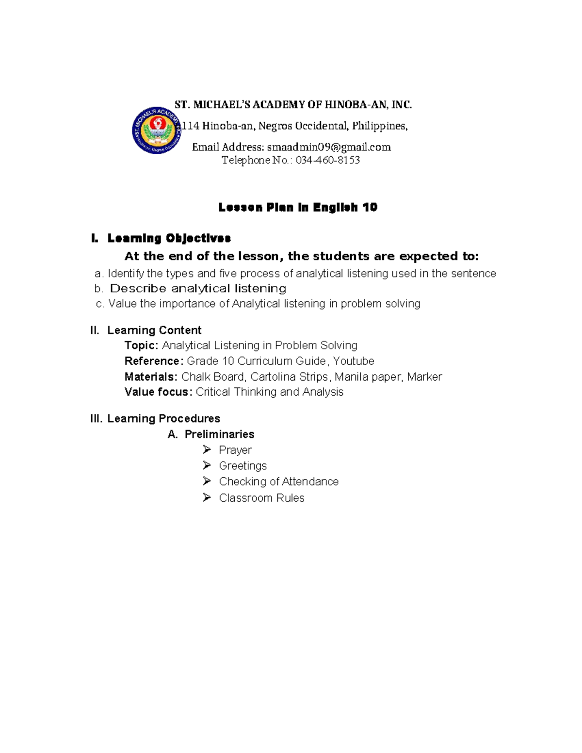 Lesson Plan in English 10: Analytical Listening Techniques and ...