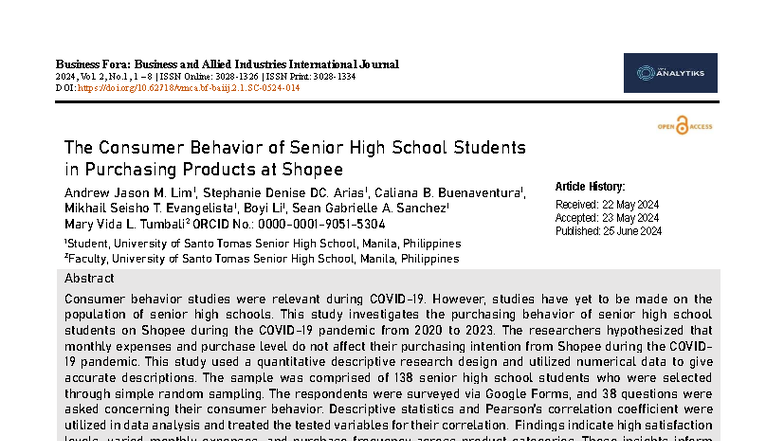 Consumer Behavior of Senior High School Students on Shopee (ABM 2024 ...