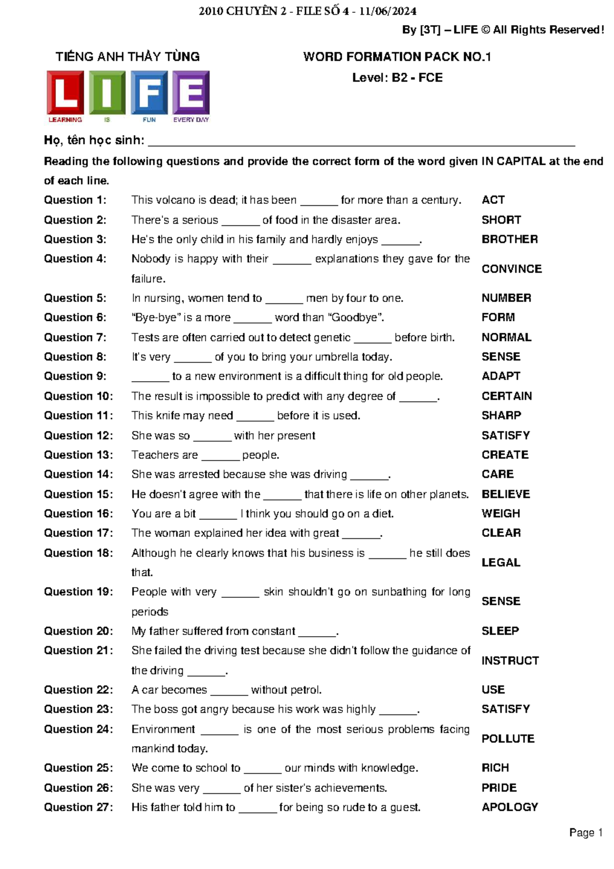 LIFE B2 FCE Word Formation Practice Questions - Pack No.1 - Studocu
