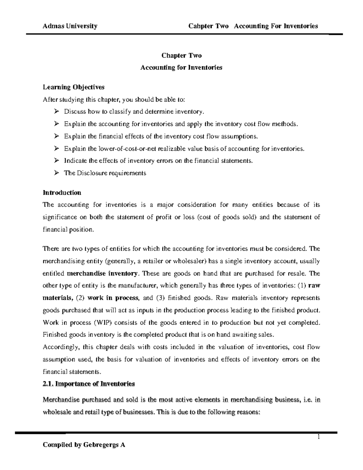 Admas University Chapter 2: Accounting for Inventories Overview and Key ...