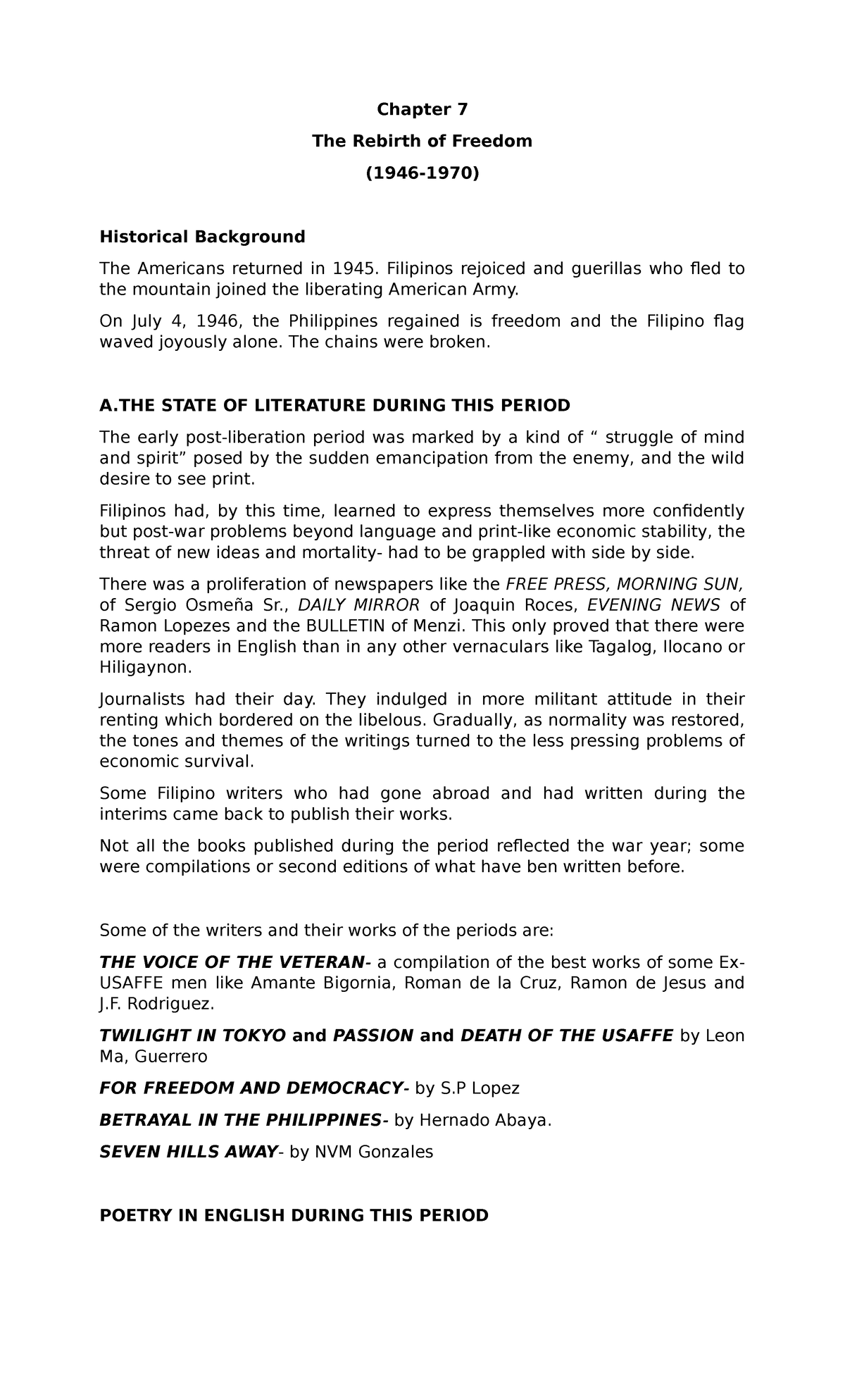 Philippine Literature: Chapters 7 & 8 - Rebirth of Freedom & Activism ...