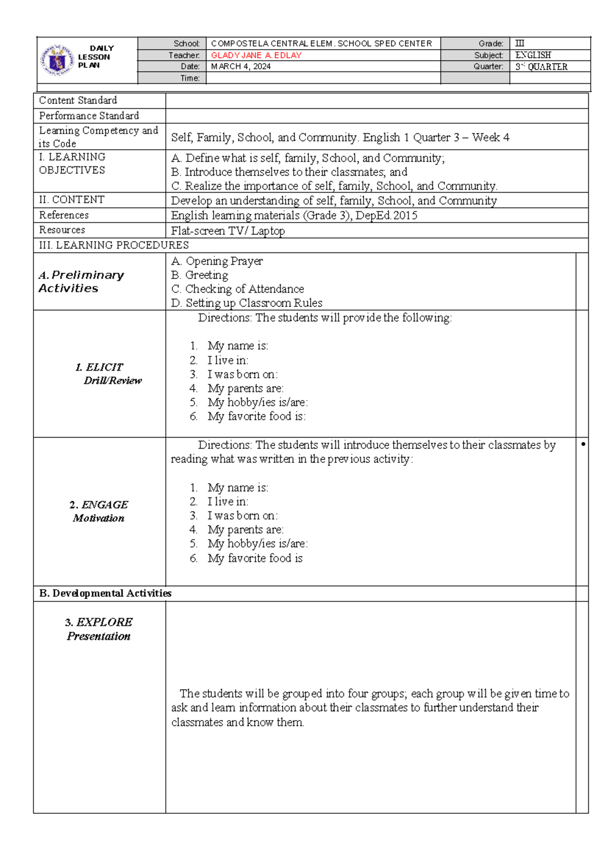 Daily Lesson PLAN - 7es English day 1 - DAILY LESSON PLAN School ...