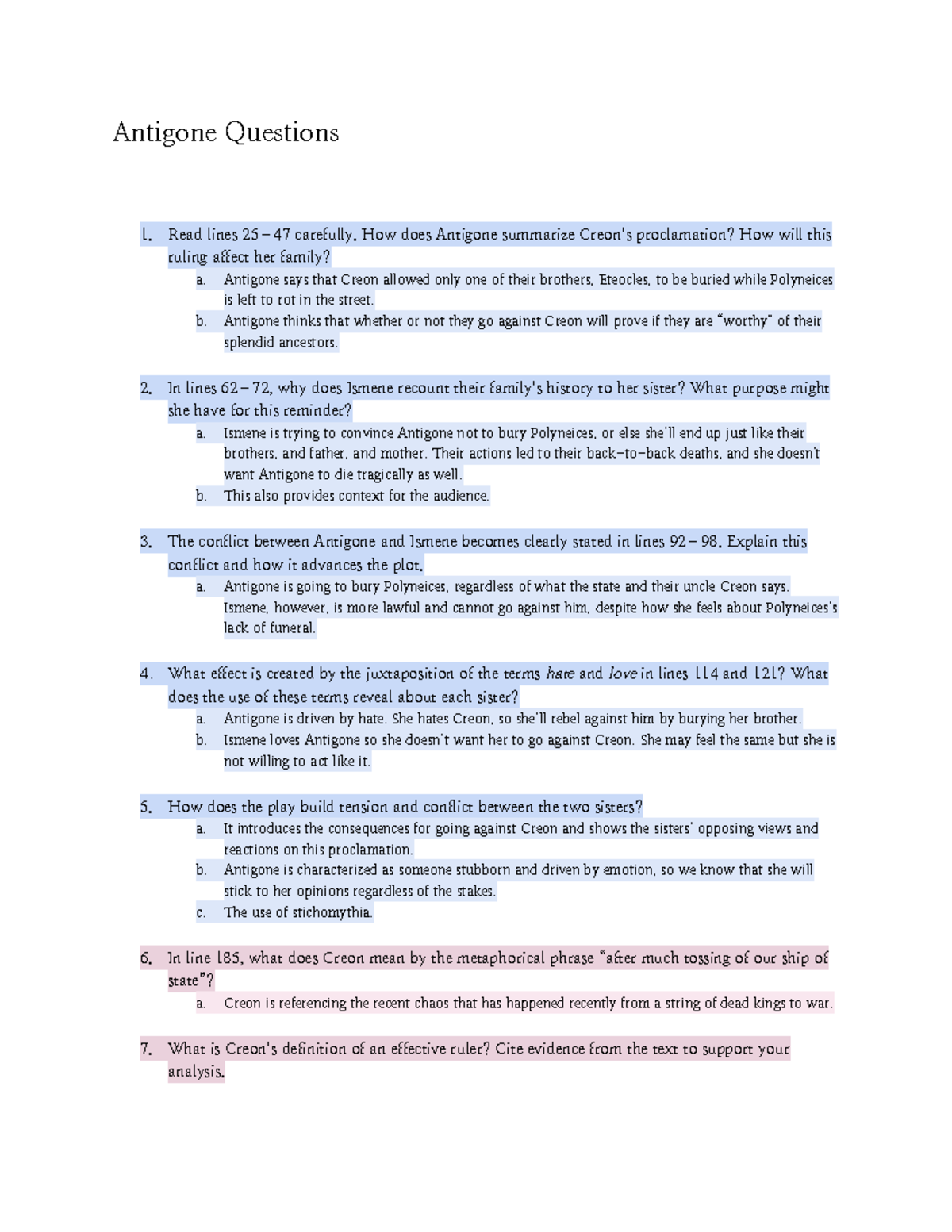 Antigone Analysis Questions for Literature 101: Color-Coded Responses ...