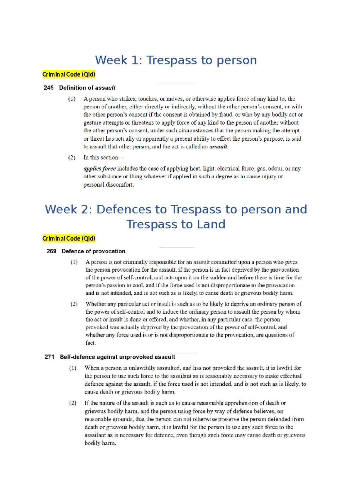 Torts Legislation Overview: Trespass & Defences (Qld) - Studocu