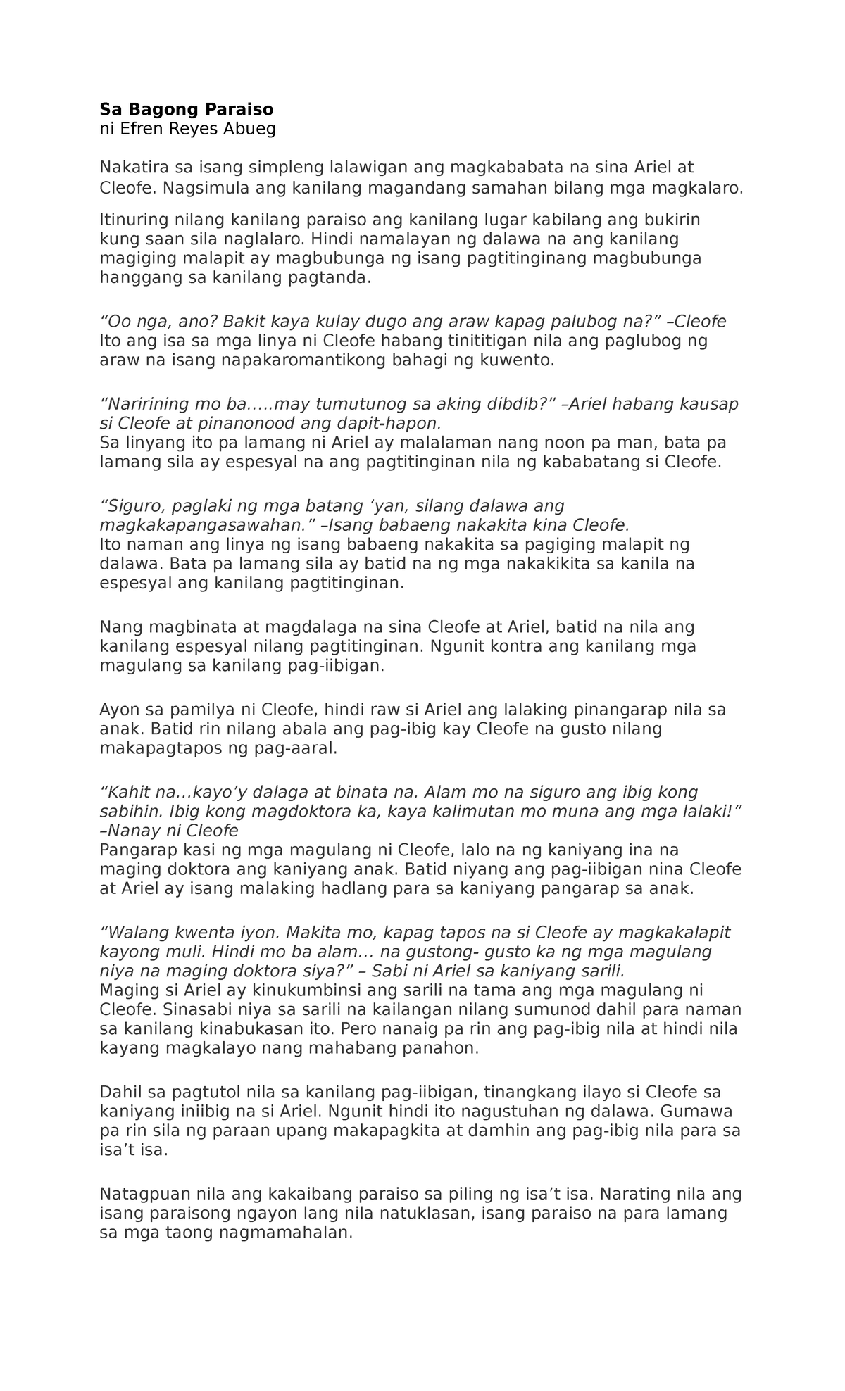 Kwento - Sa Bagong Paraiso ni Efren Reyes Abueg Nakatira sa isang ...