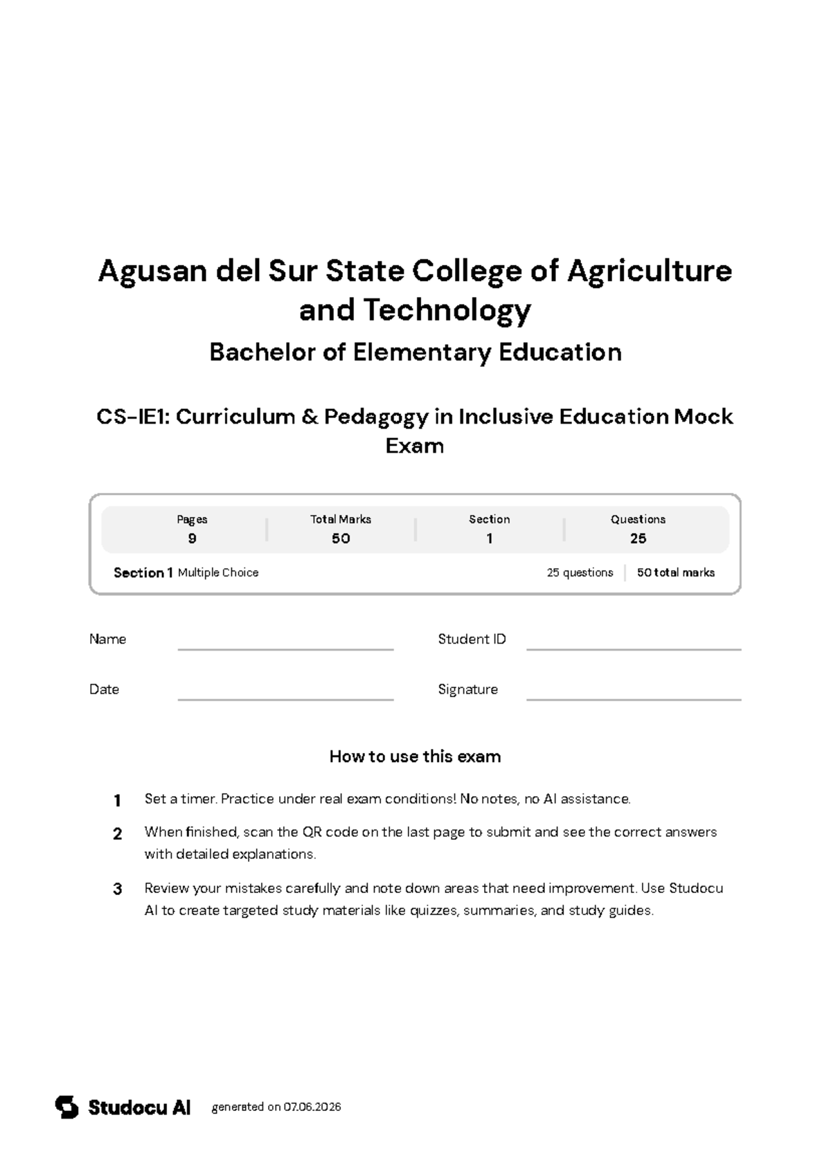 CS-IE1: Mock Exam on Inclusive Education Curriculum - Studocu