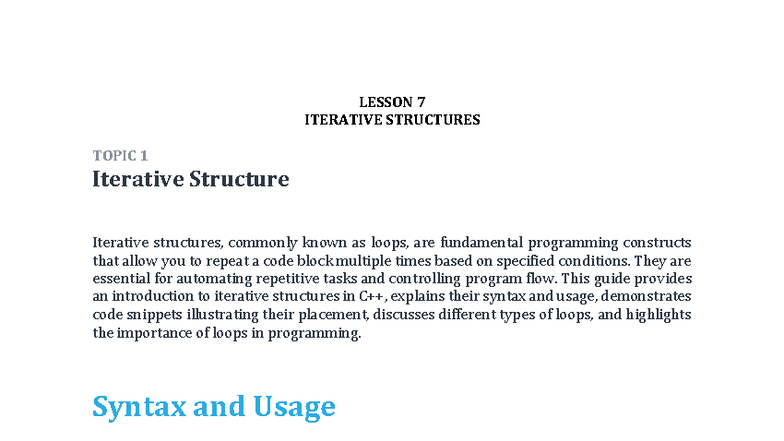 LESSON 7: Iterative Structures in C - Loops Overview and Usage - Studocu