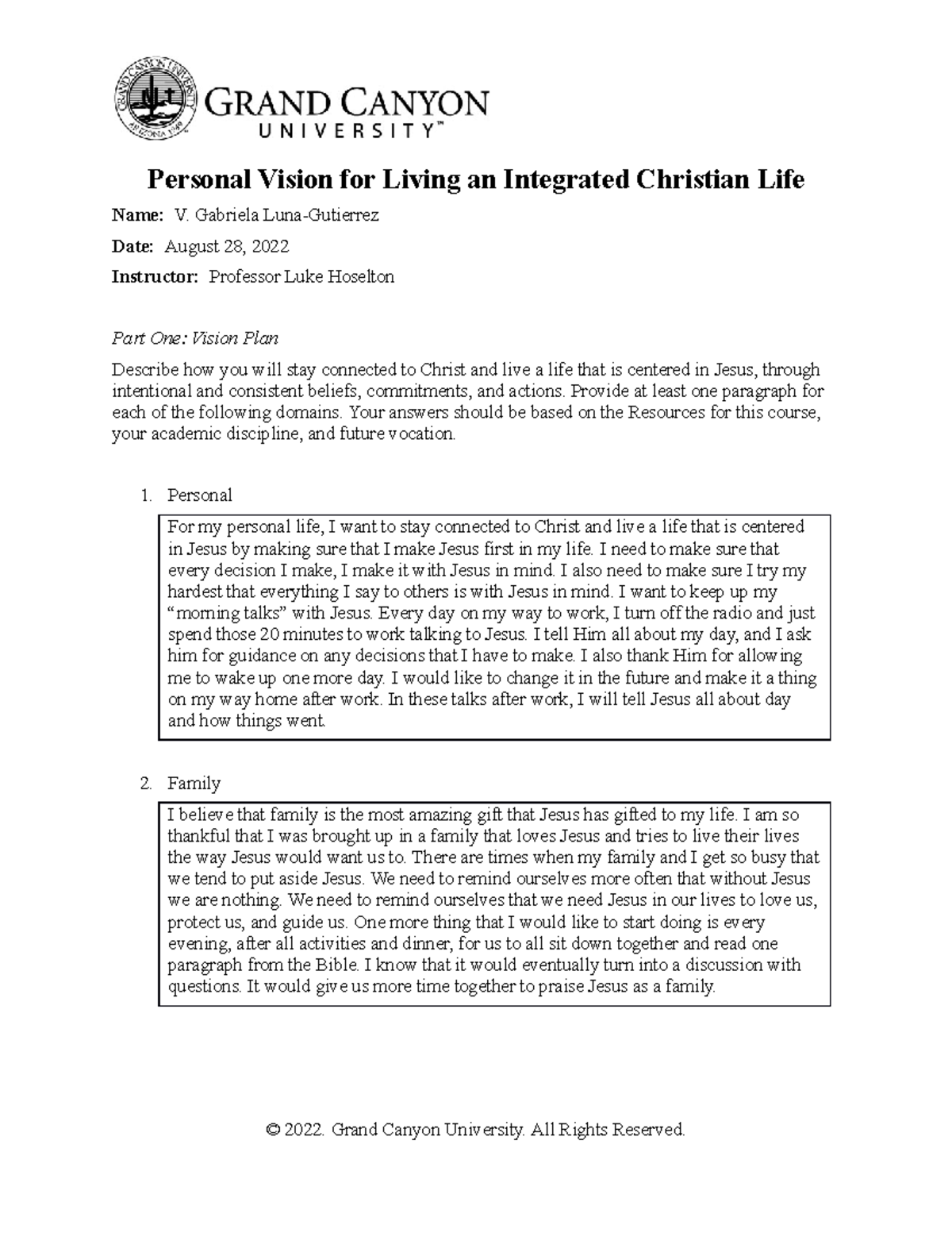 CWV316T8: Personal Vision for an Integrated Christian Life Essay - Studocu