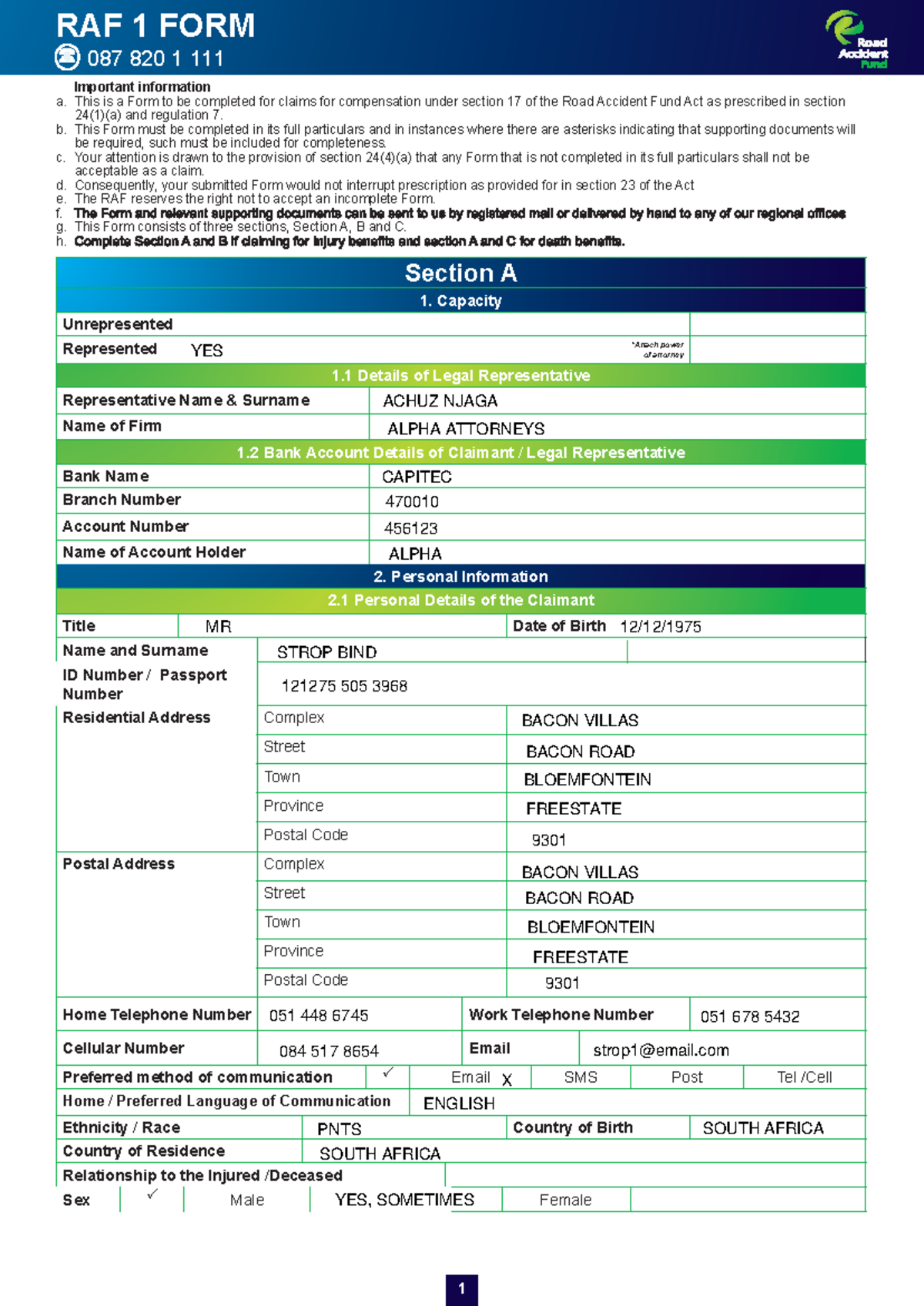RAF Claim Form 1 - Comprehensive Guide for Road Accident Fund Claims - Studocu