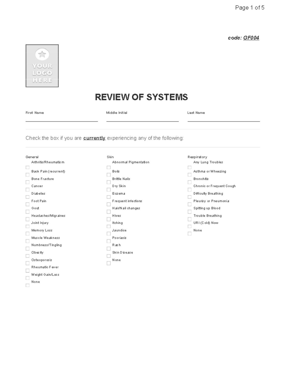 GF004 Review of Systems Template: Comprehensive Patient Assessment ...