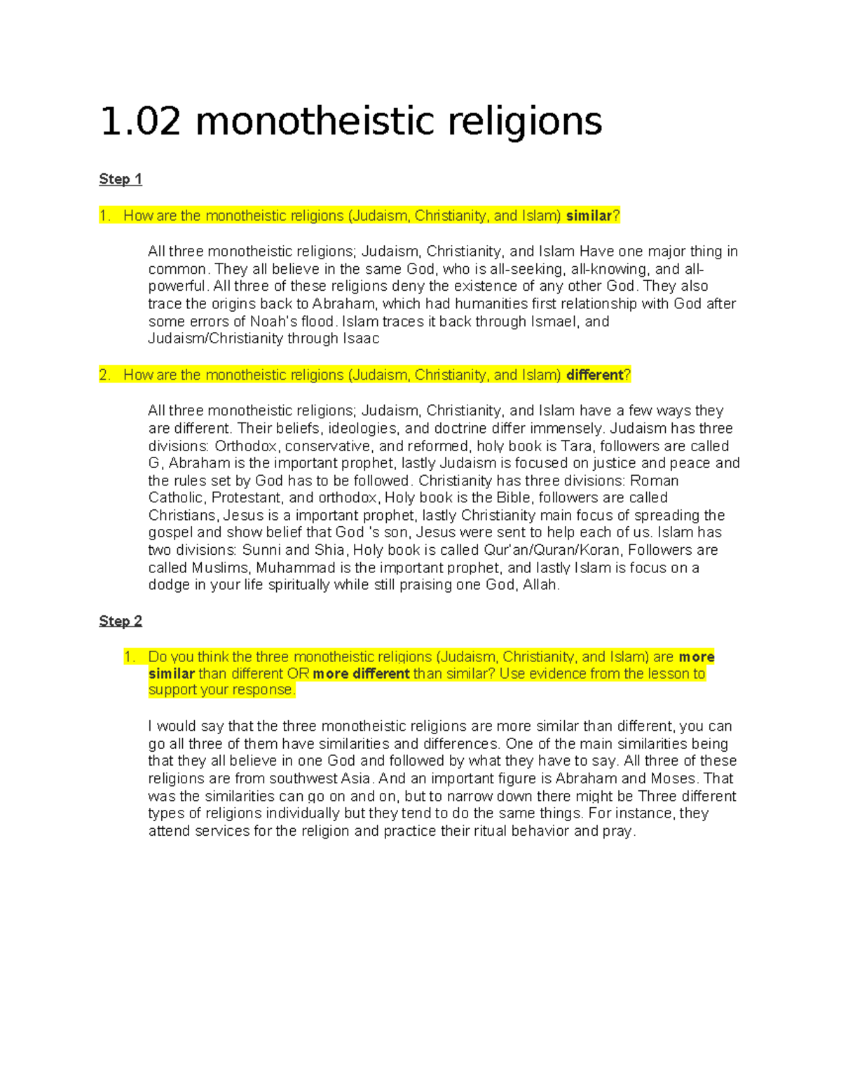 1.02 us hist - U.s history paper - 1 monotheistic religions Step 1 How ...