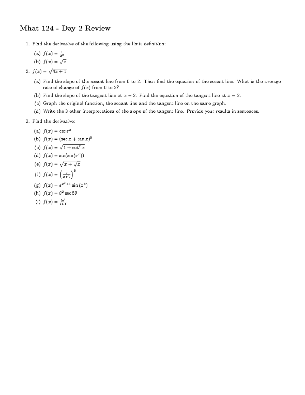 Math 124 Day 2 Review - Derivatives and Tangent Lines - Studocu