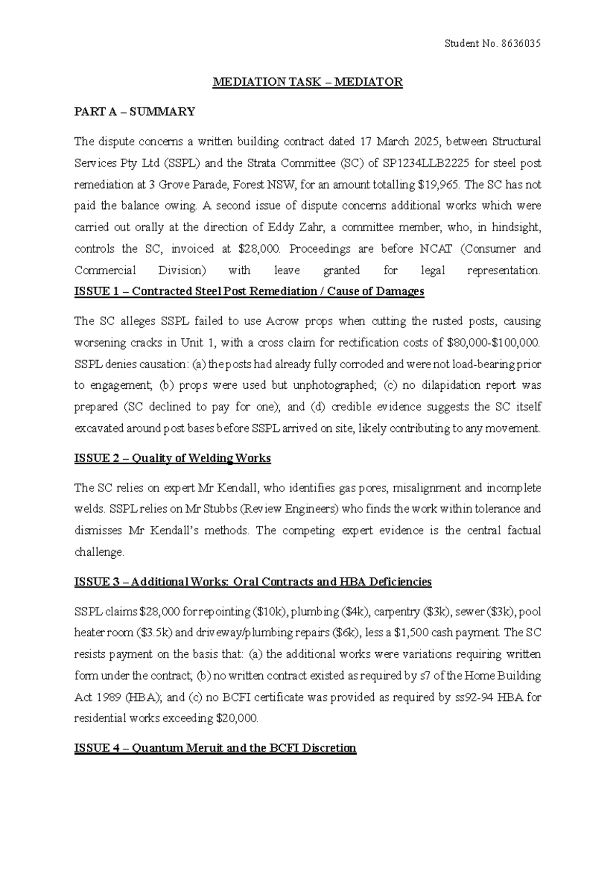 Mediation Task Report: SSPL v Strata Committee (Student No. 8636035 ...