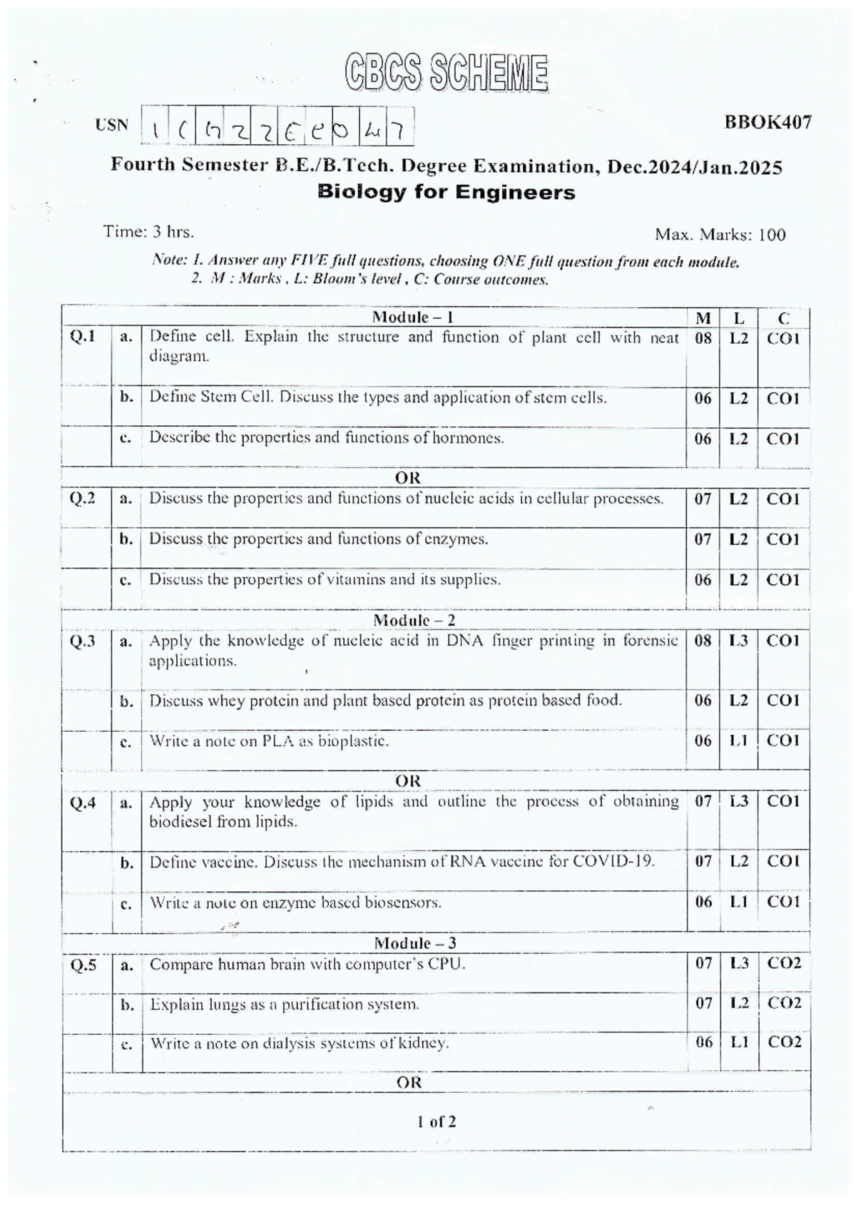 BBOK407 Fourth Semester Biology for Engineers Exam Guide - Studocu