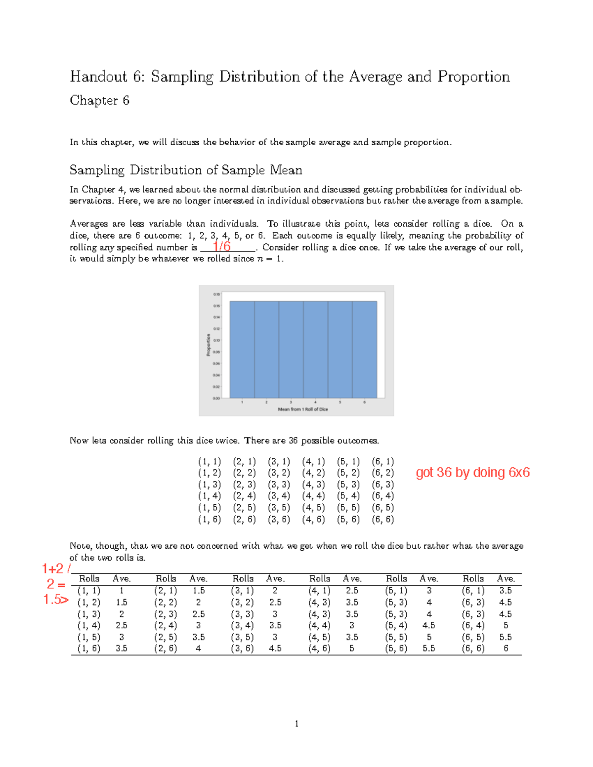 Handout 6 - Handout 6: Sampling Distribution of the Average and Proportion Chapter 6 In this ...