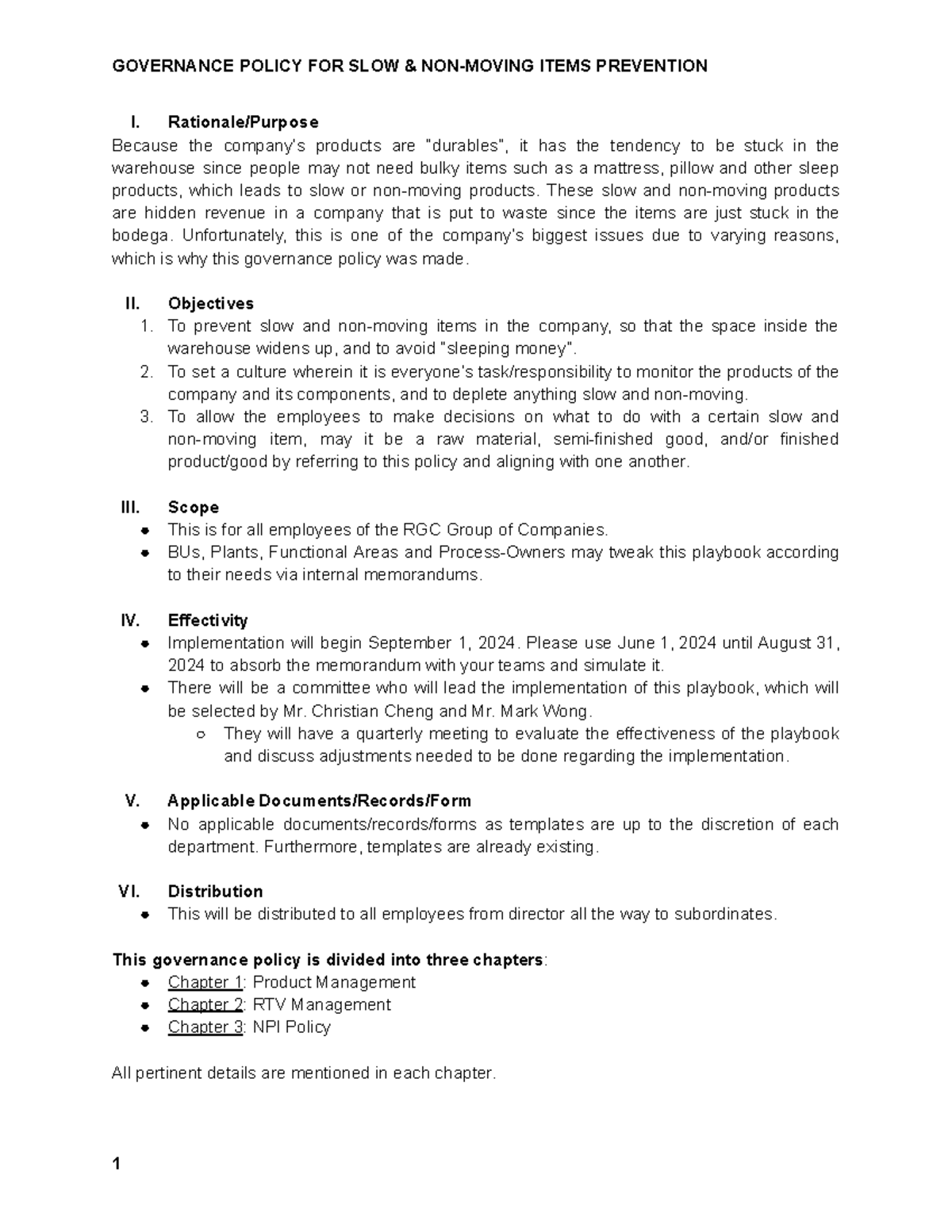 GOVERNANCE POLICY FOR SLOW MOVING ITEMS PREVENTION (SNM Playbook 2024 ...