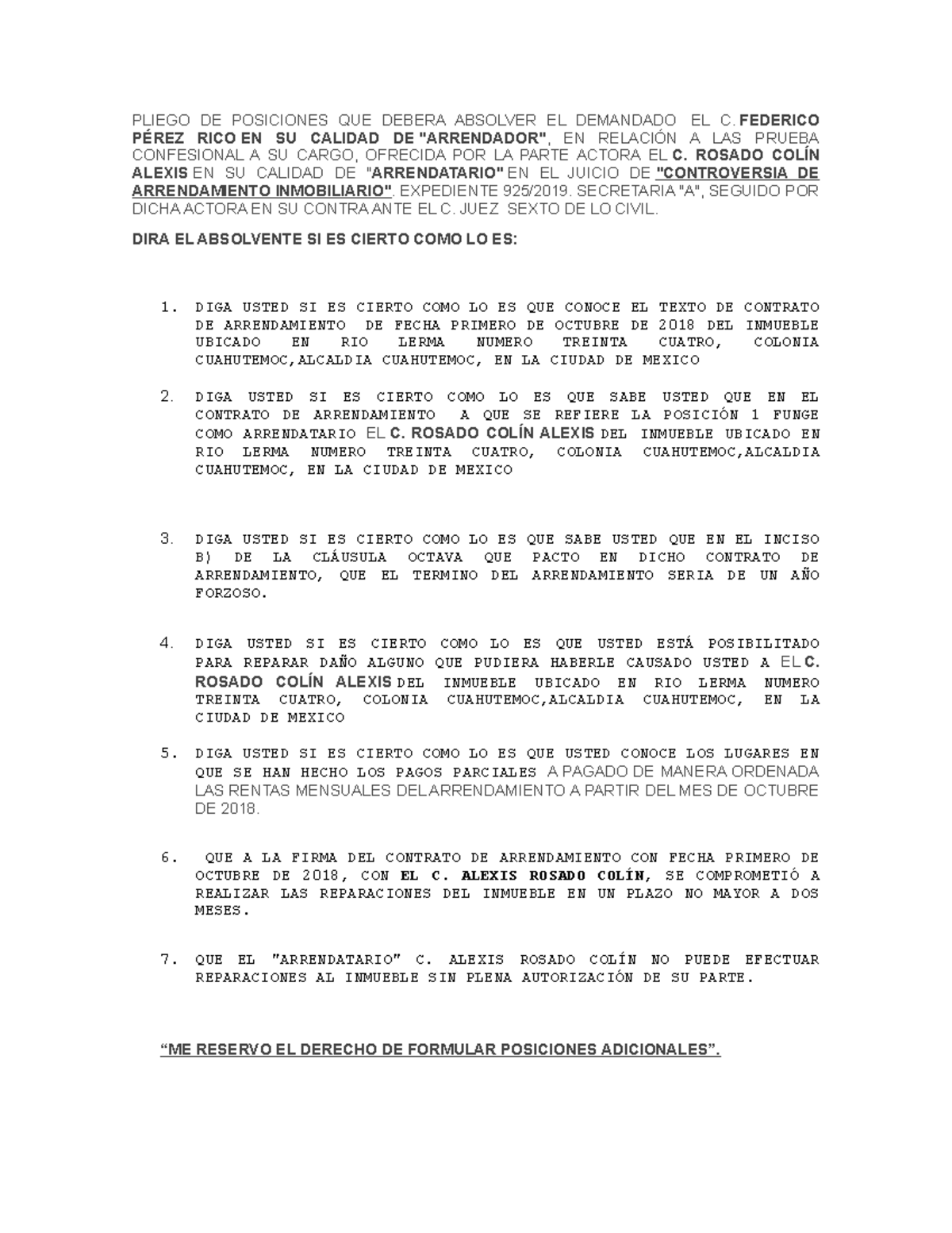 Posiciones QUE Deberá Absolver Personalmente EL Demandado - PLIEGO DE POSICIONES QUE DEBERA ...
