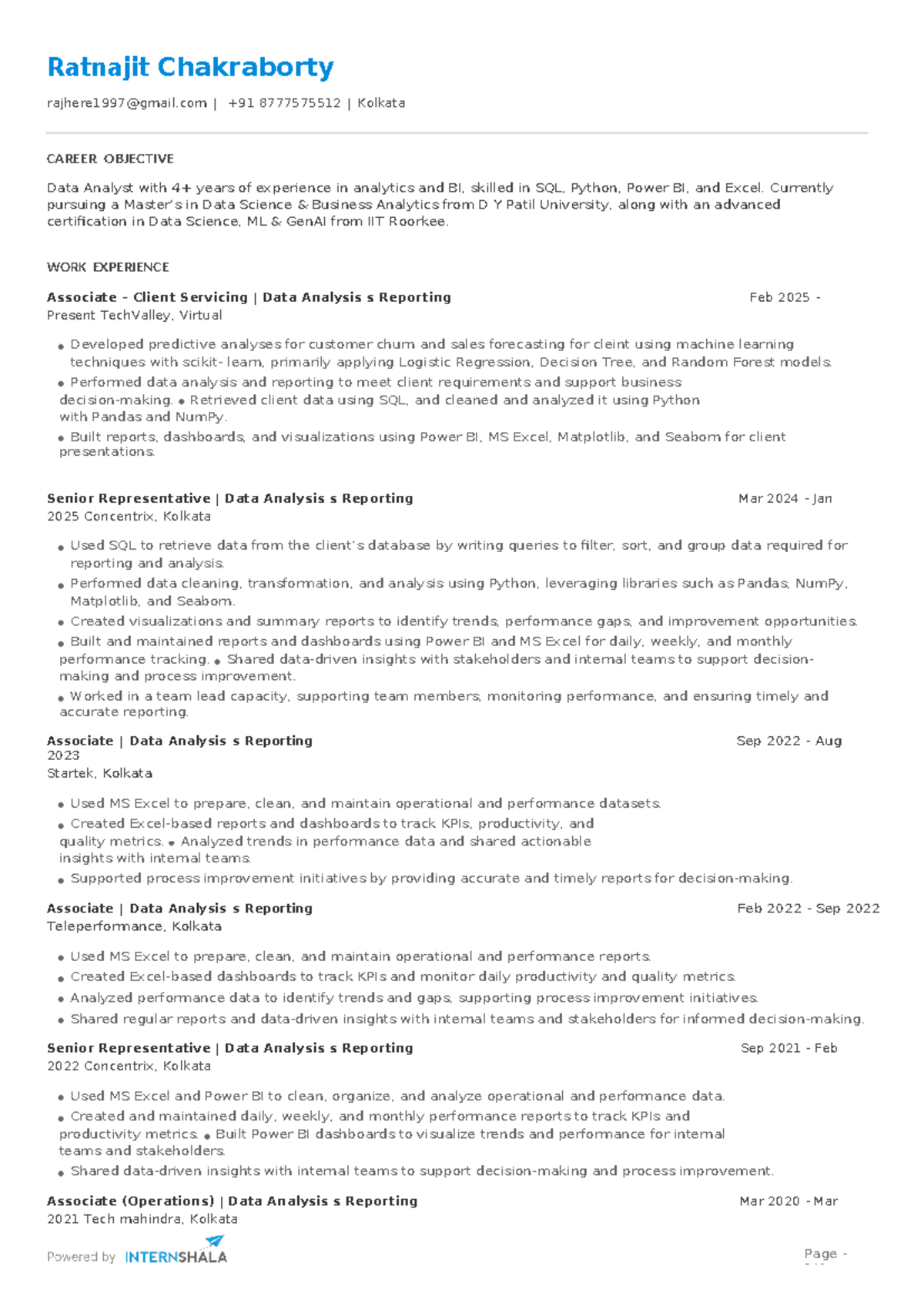 Data Analyst Resume - Ratnajit Chakraborty (Internshala) - Studocu