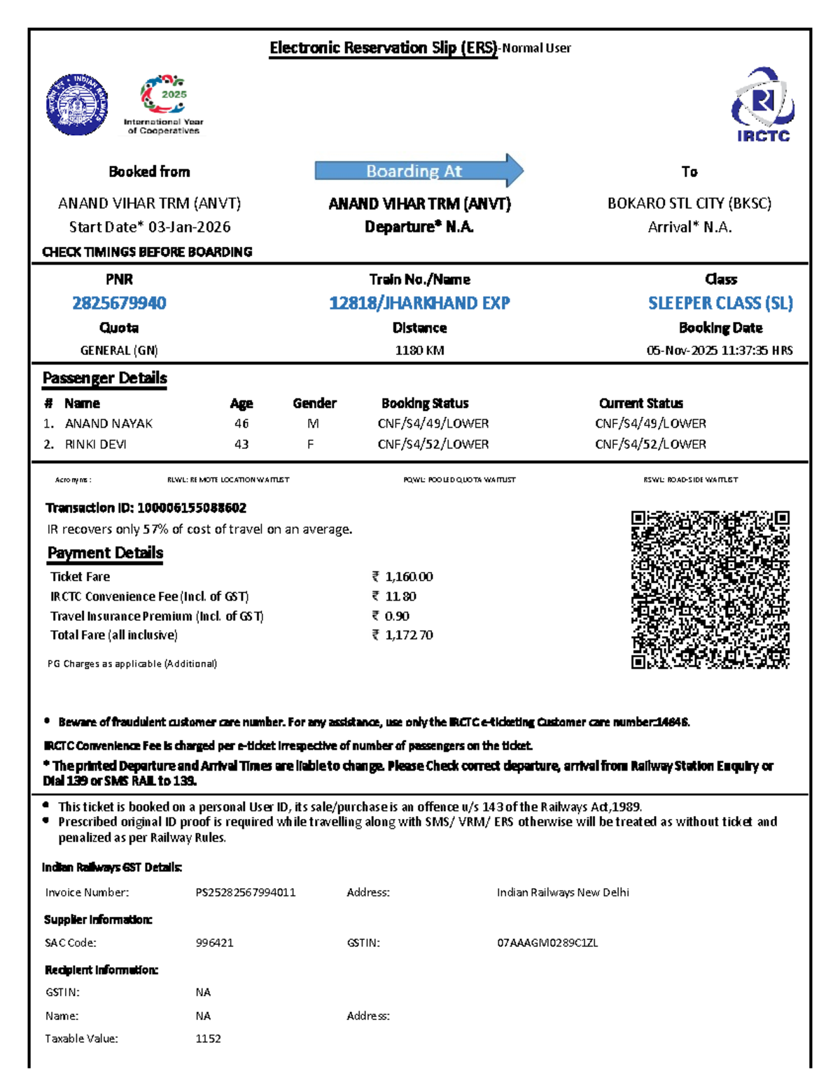 Electronic Reservation Slip for Train 2825679940 - User Details - Studocu