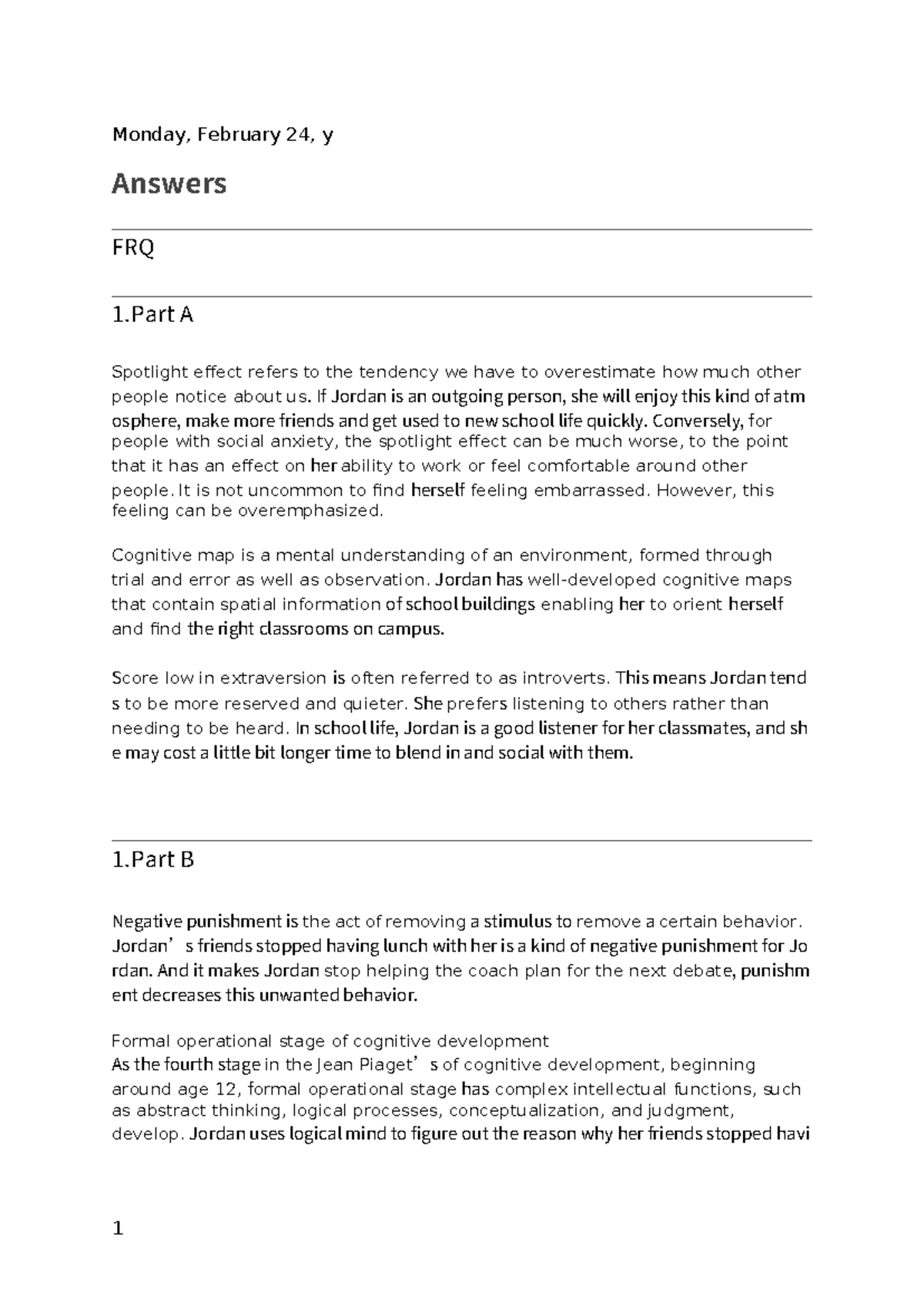 AP psychology FRQ - Monday, February 24, y Answers FRQ 1 A Spotlight ...