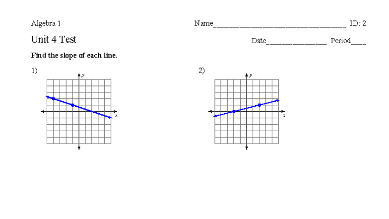 Algebra 1 ID: 2 Unit 4 Test - Finding Slopes and Equations - Studocu
