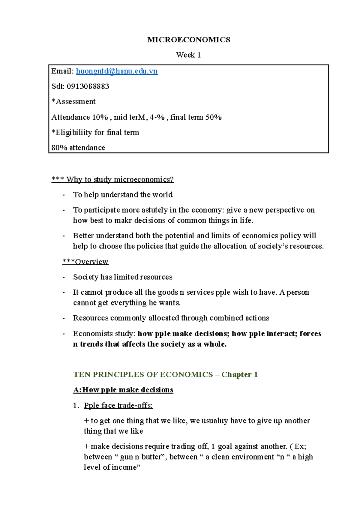 Lec 1 - lecture notes for microeconomics Mankiw - MICROECONOMICS Week 1 ...
