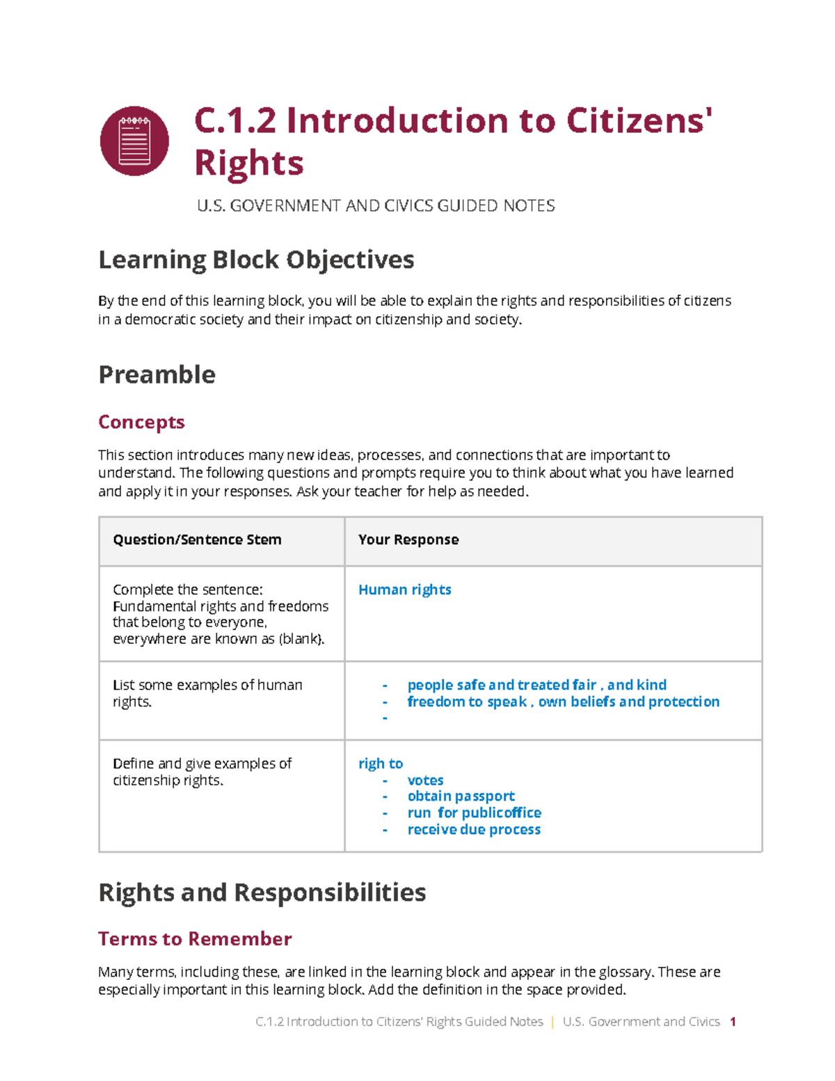 C.1.2 U.S. Government & Civics Guided Notes: Understanding Citizens ...