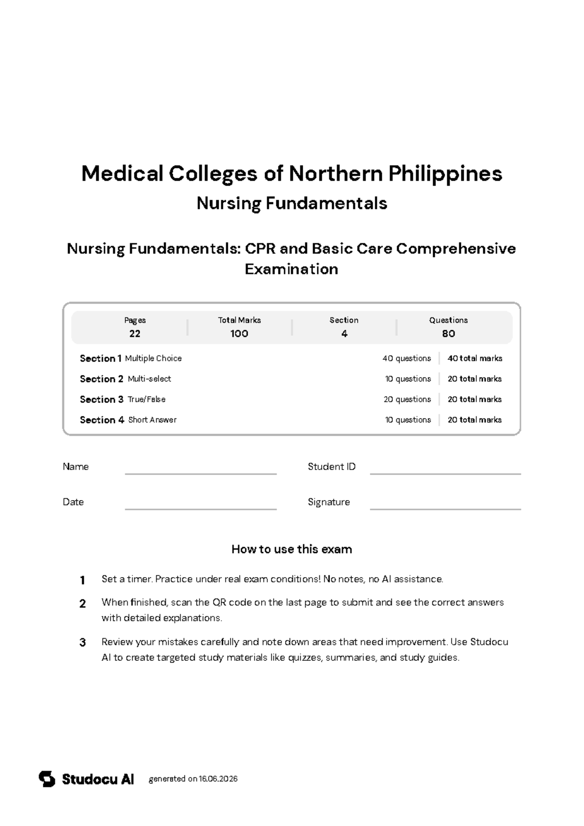 Nursing Fundamentals: CPR & Basic Care Exam - Studocu