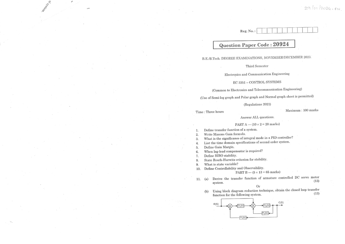 EC3351 - Control Systems Degree Exam Questions - Nov 2023 - Studocu