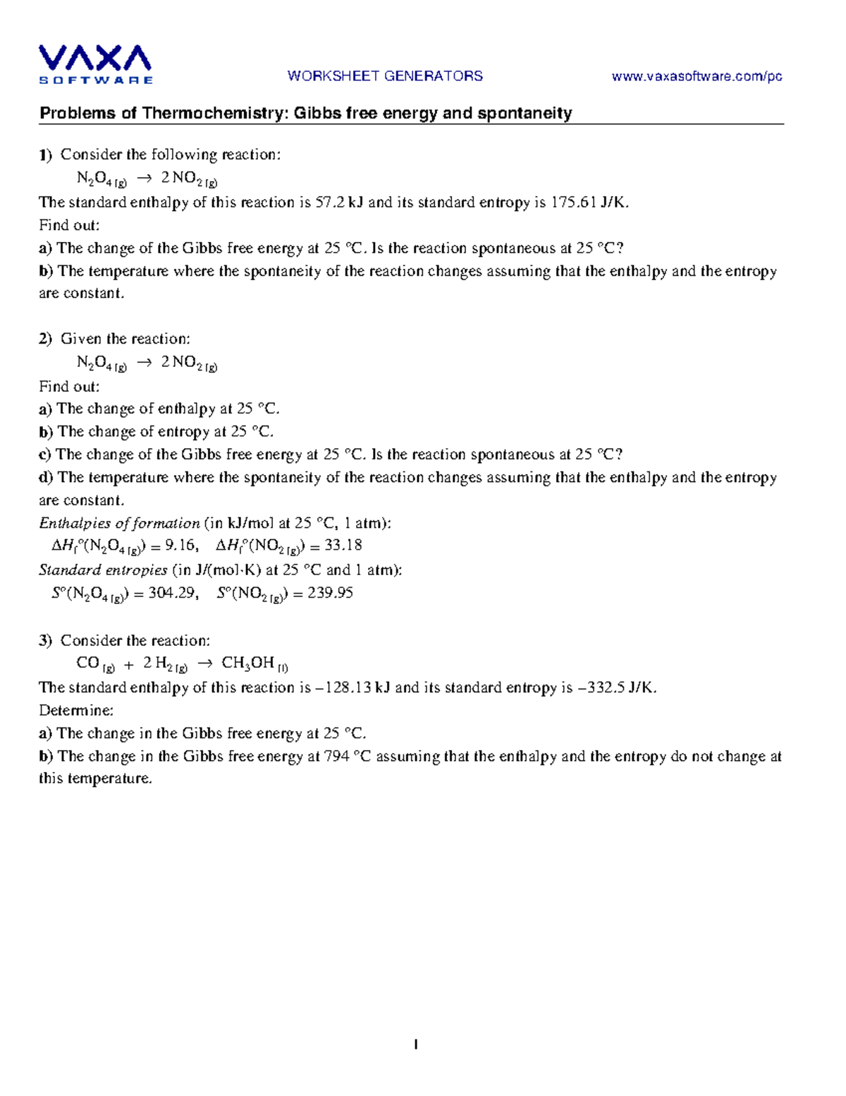 Thermochemistry Problems: Gibbs Free Energy & Spontaneity (Course Code ...