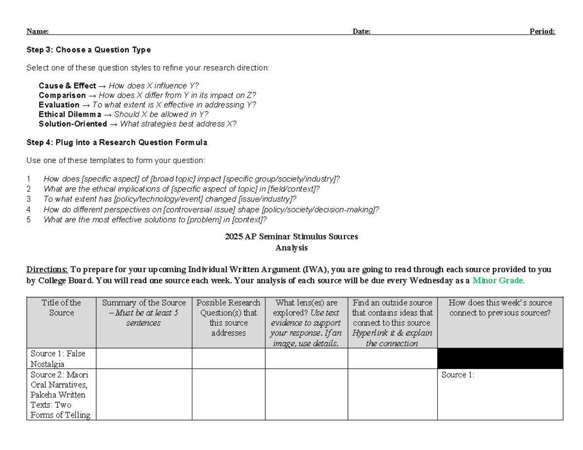 2025 AP Seminar Stimulus Sources Analysis & Research Questions Guide ...