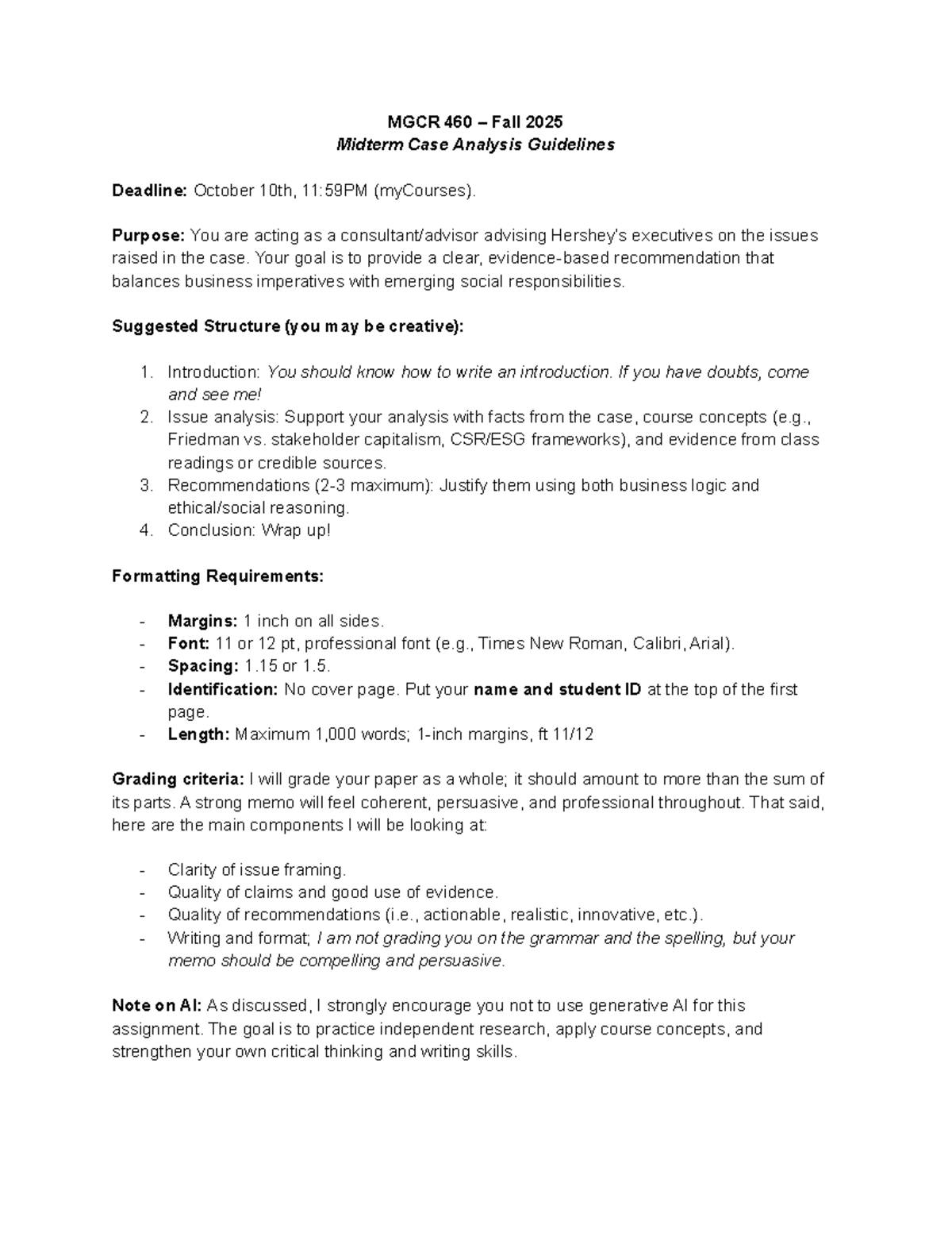 MGCR 460 Fall 2025 Midterm Case Analysis Guidelines - Studocu