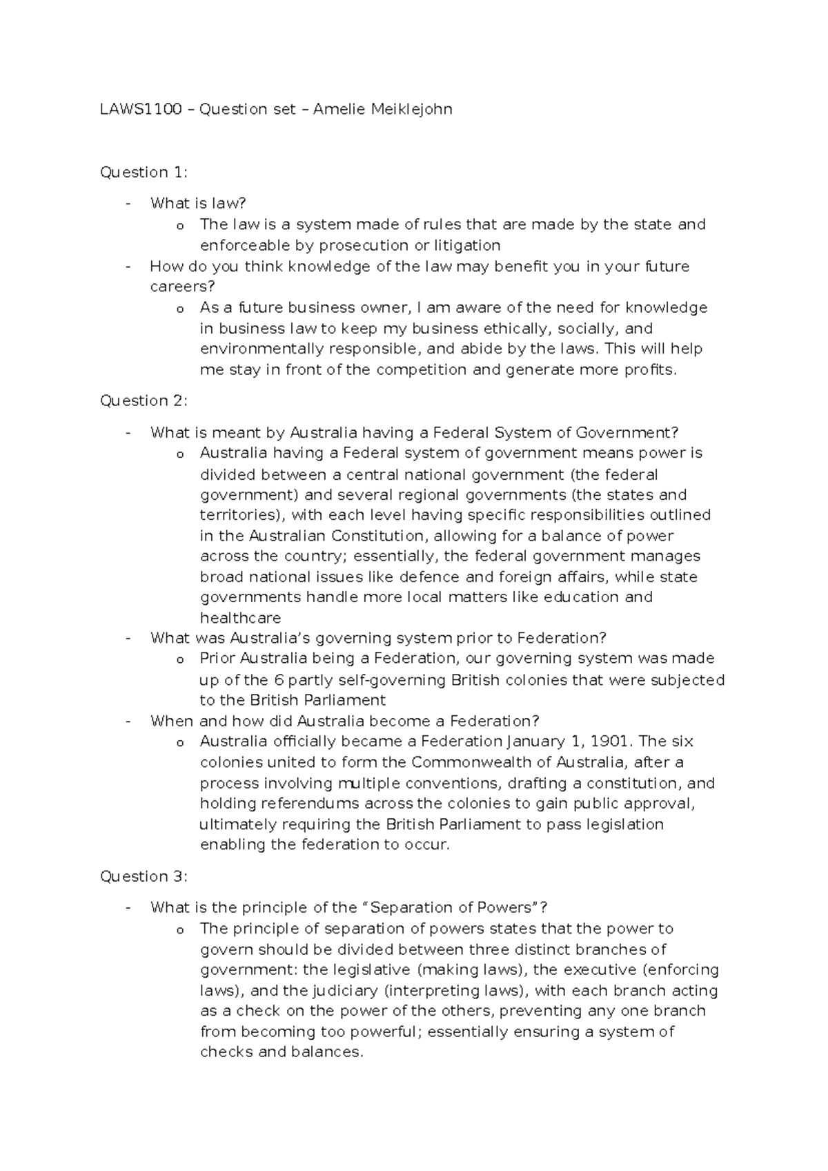 Amelie meiklejohn LAWS1100 Question Set - LAWS1100 – Question set ...