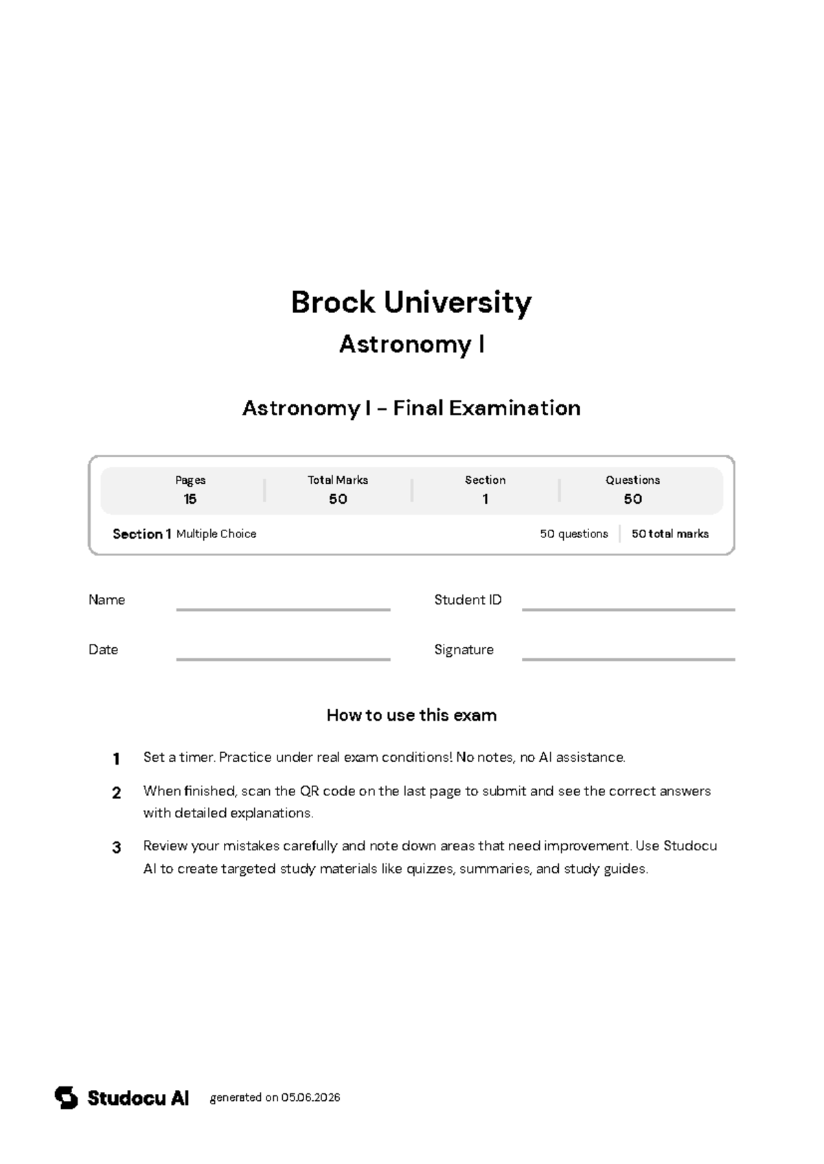 ASTR 1P01 - Final Exam: Introduction to Astronomy - Studocu