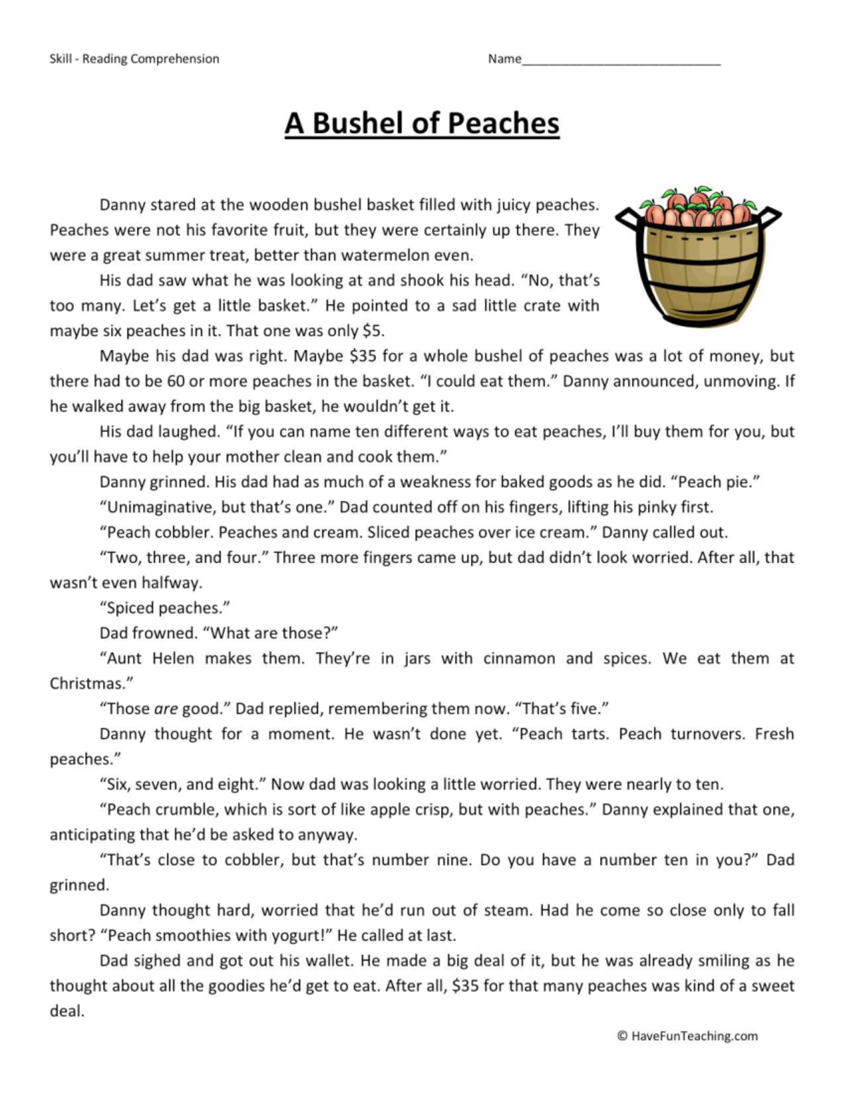 4th Grade Reading Comprehension: A Bushel of Peaches Worksheet - Studocu