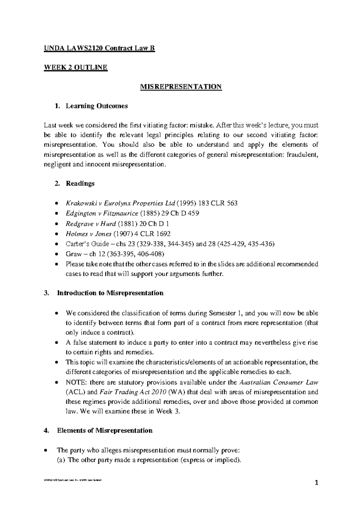 LAWS 212 - Week 2 Outline: Understanding Misrepresentation in Contract ...