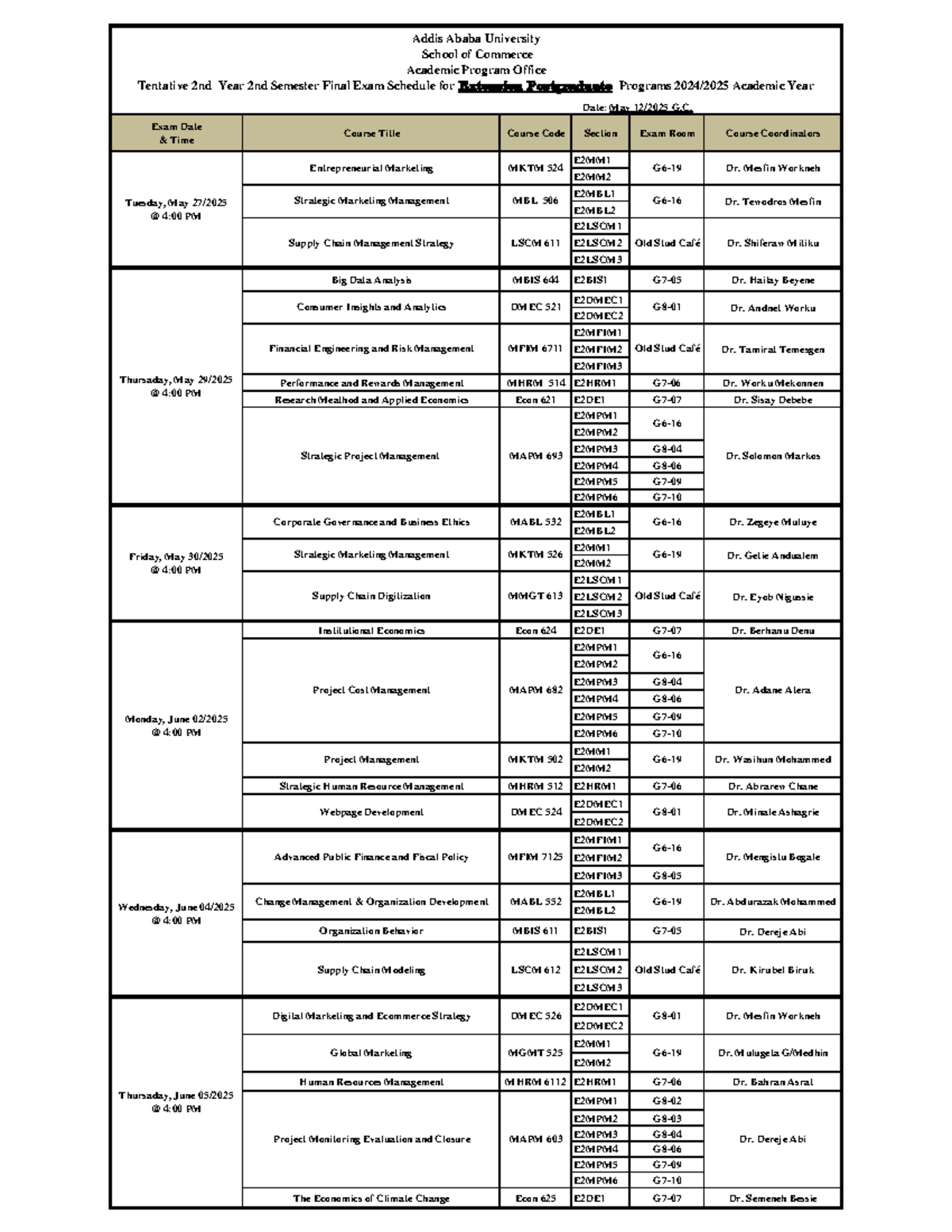 Tentative 2nd Year 2nd Semester Final Exam Schedule for PG Programs ...