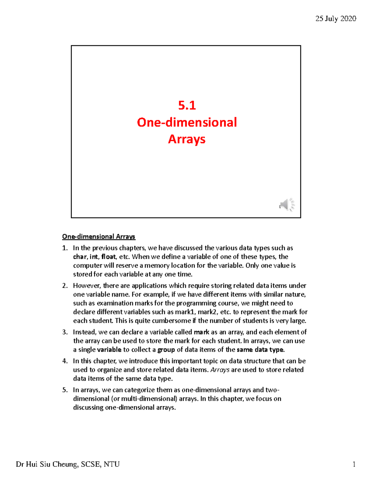 1 D Arrays Lecture Notes 1 5 One‐dimensional Arrays One‐dimensional Arrays 1 In The
