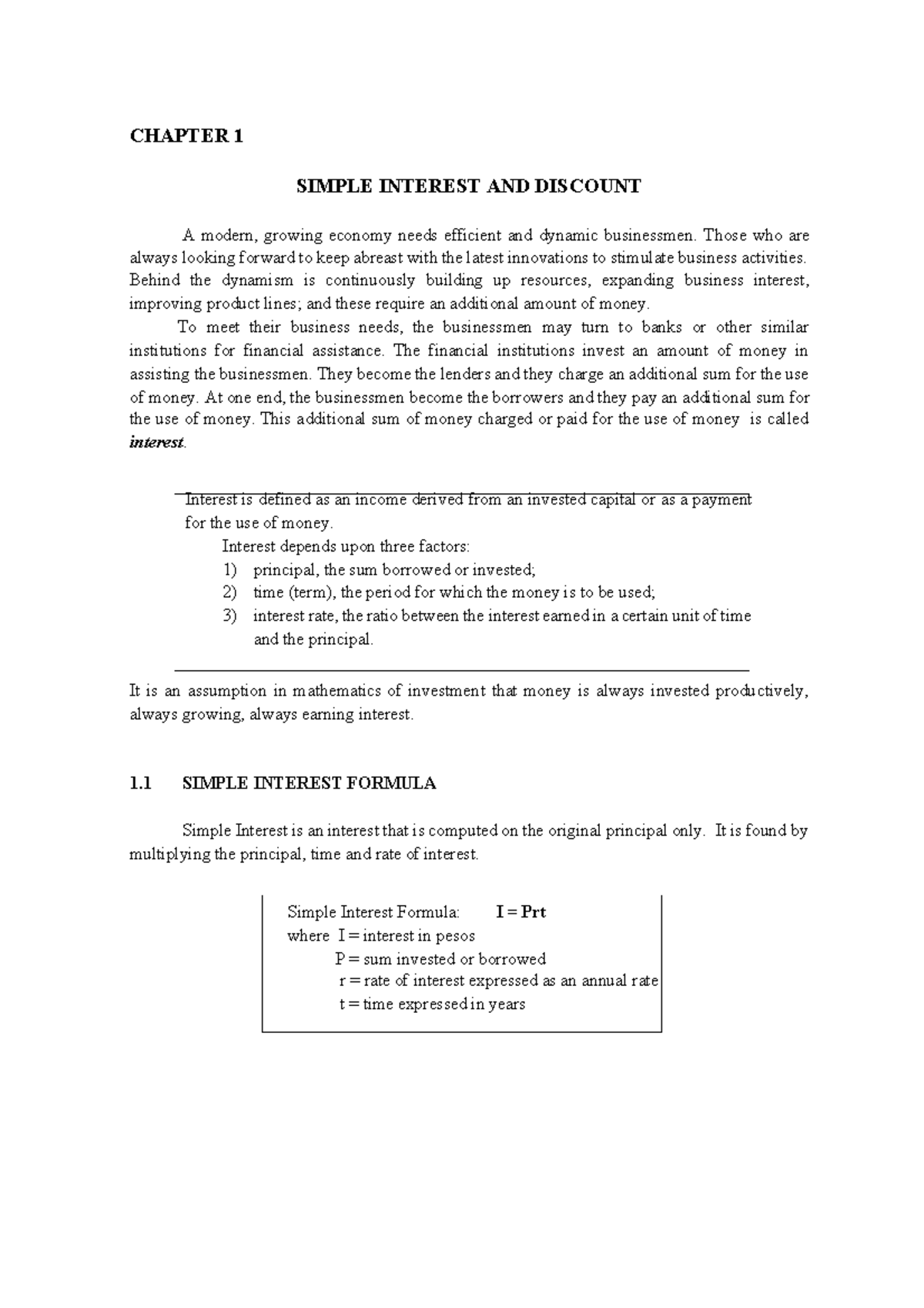 Mathematics of Investment: Chapter 1 - Simple Interest & Discount - Studocu