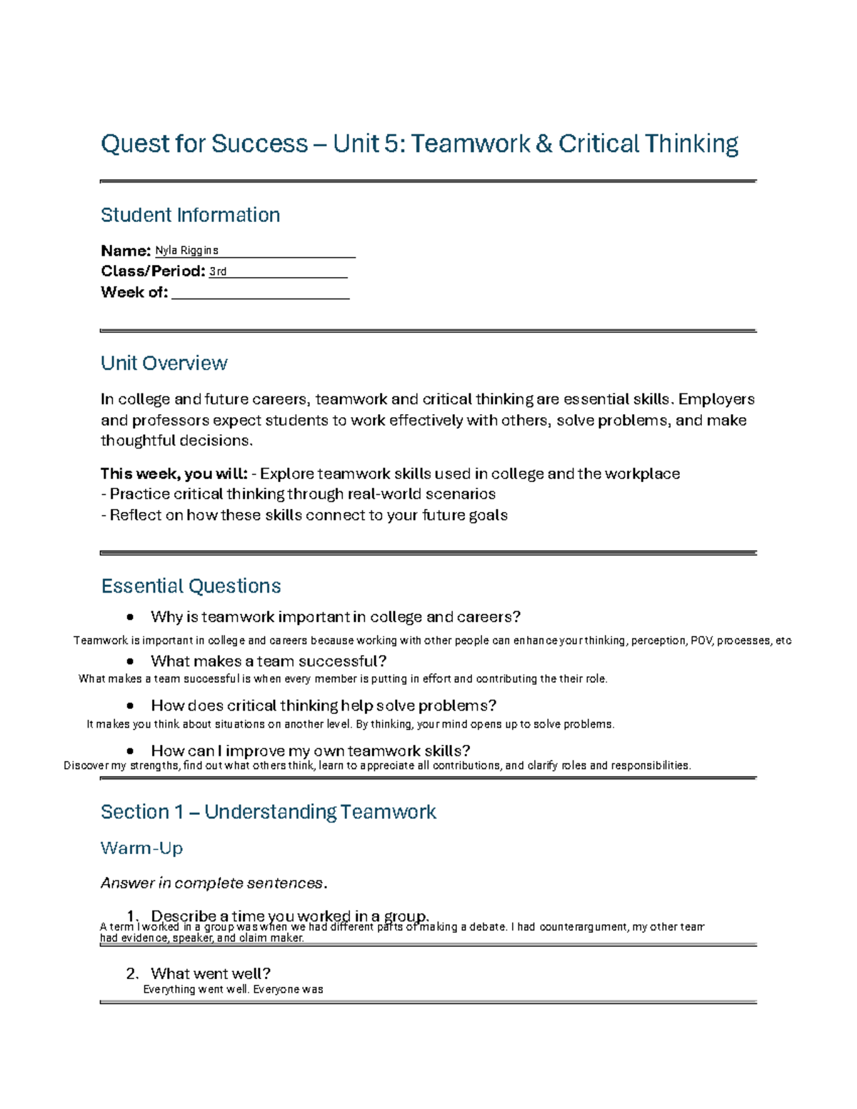 Quest for Success: Unit 5 - Teamwork & Critical Thinking Insights - Studocu
