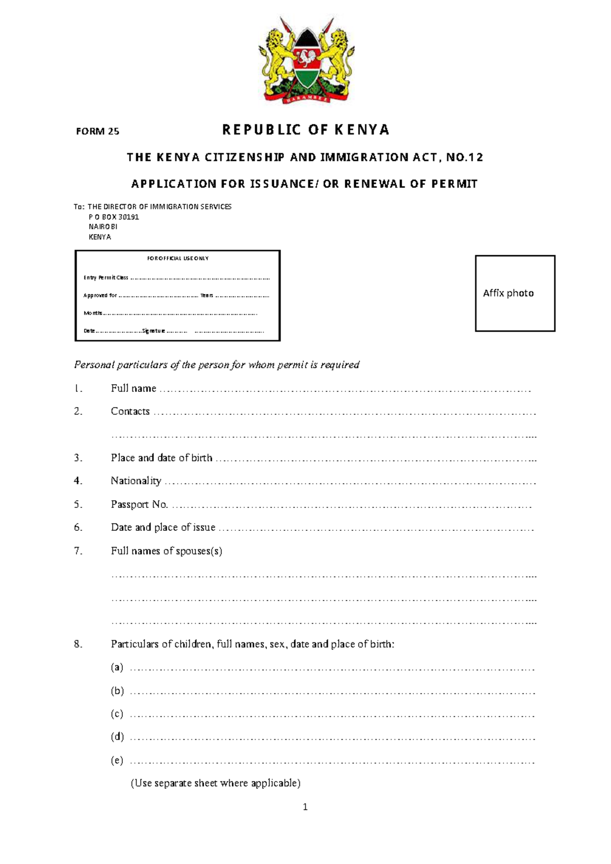 Form 25 Application for Entry Permit - FORM 25 REPUBLIC OF KENYA THE ...