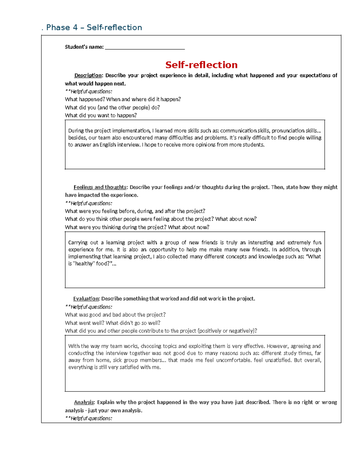 POSC 101 - Project Self-Reflection: Insights and Experiences - Studocu